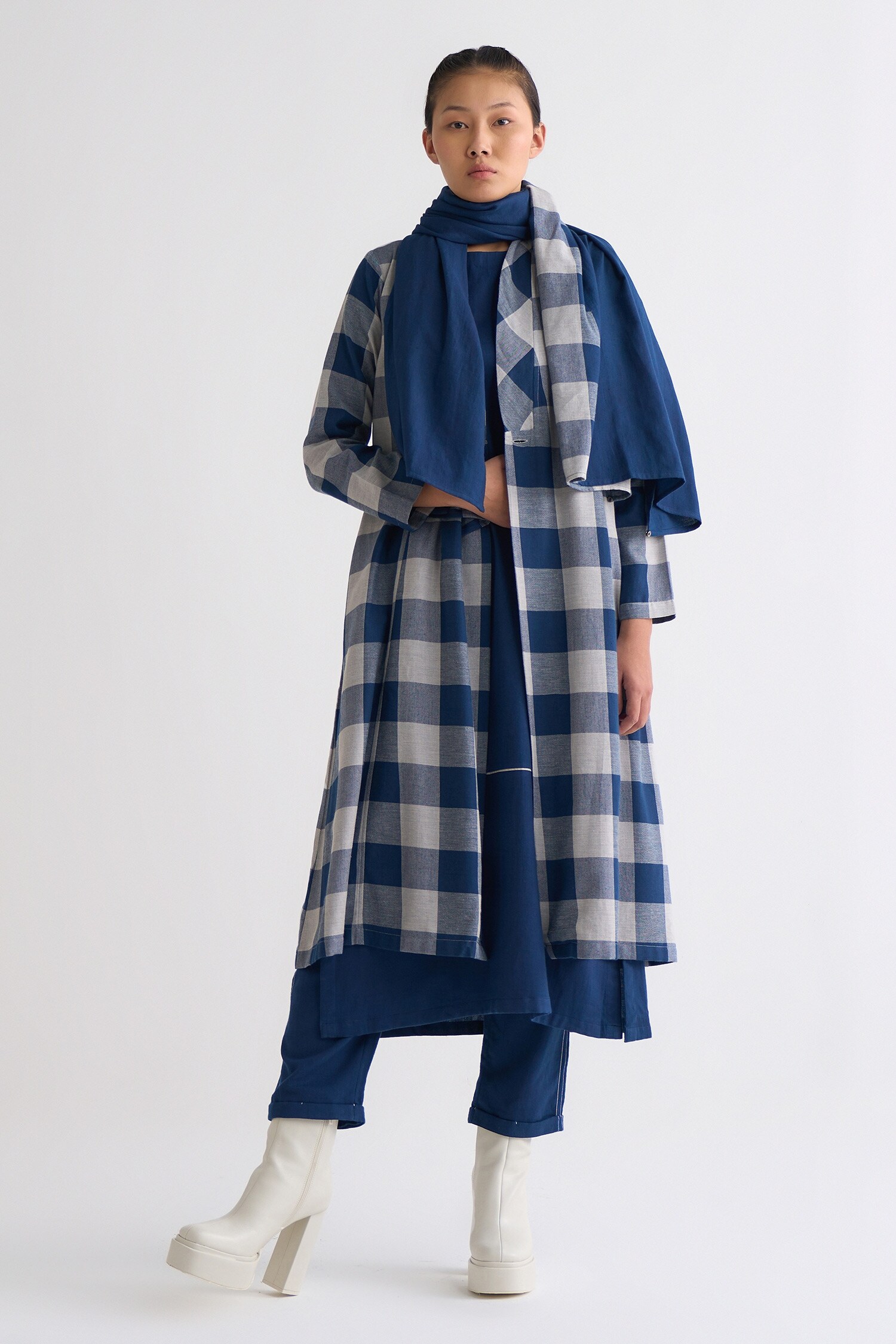 Buy Blue Melange Checkered Collared Neck Pattern Overlay And Tunic Set ...