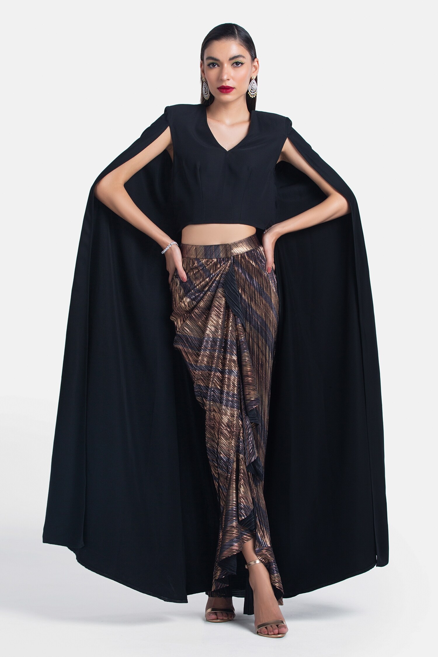 Buy 431-88 by Shweta Kapur Black Japanese Crepe Neha Fall Drape Cape ...