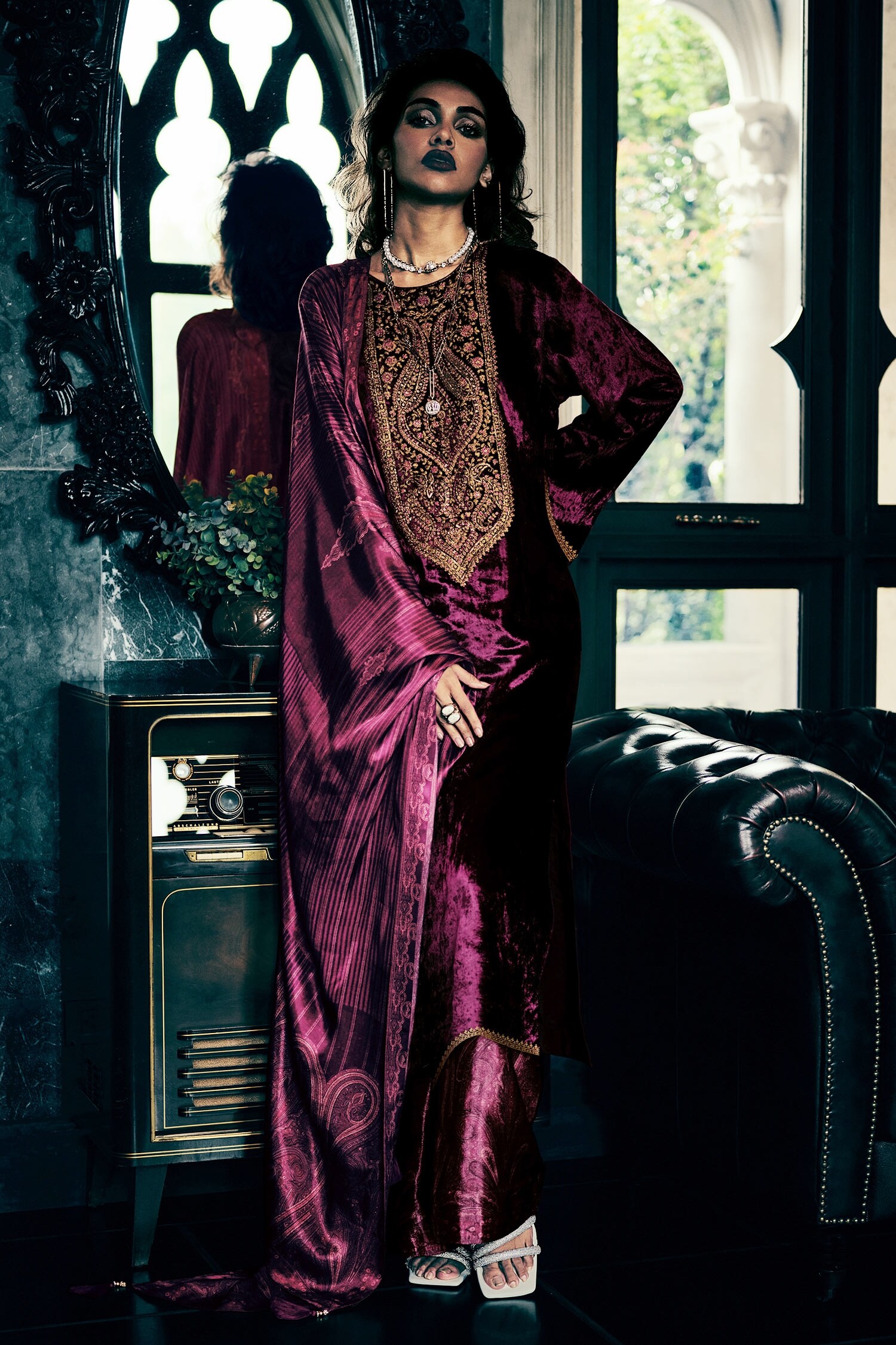 Buy Purple Kurta: Velvet Embroidery Thread Round Bodice Set For Women ...