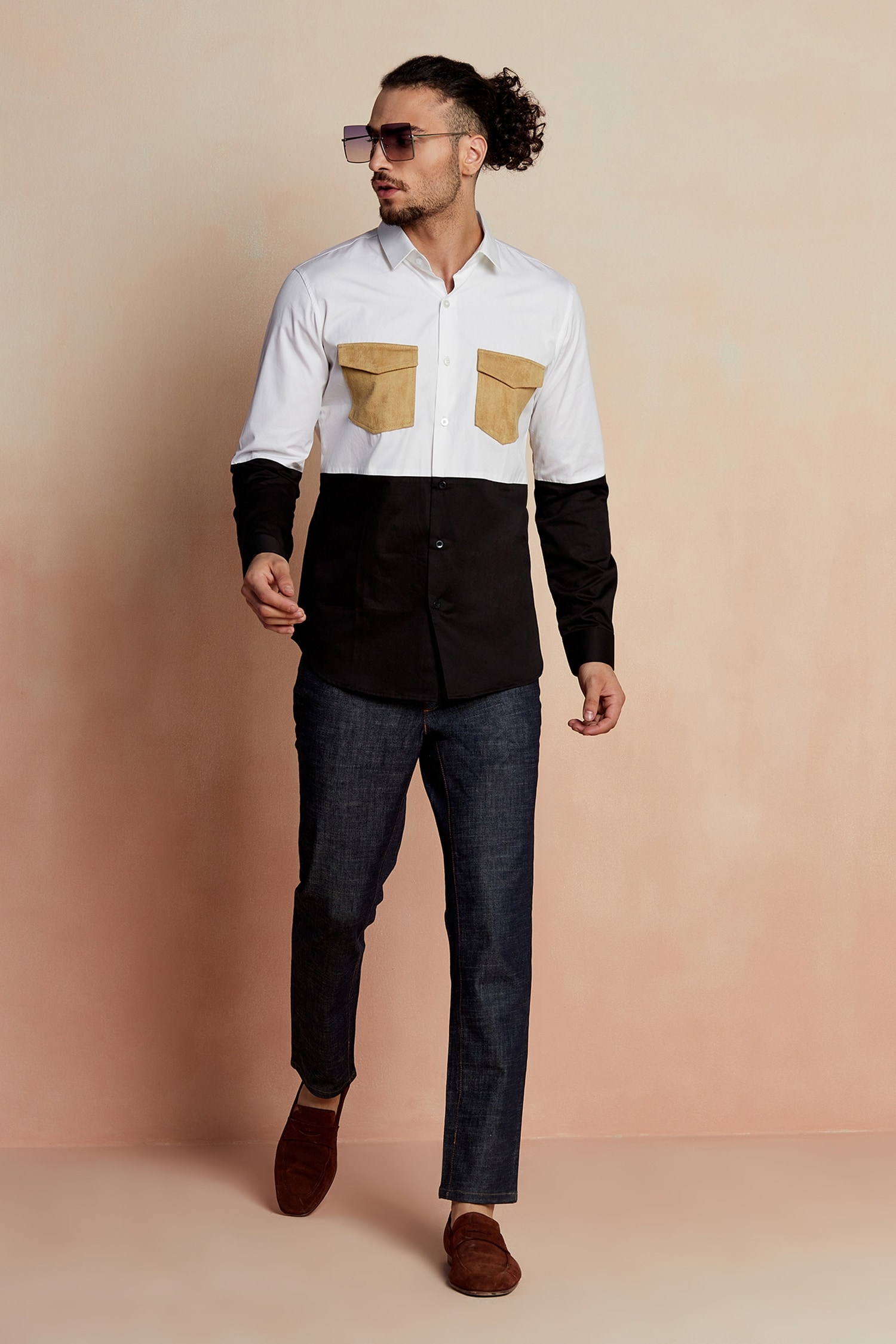 Buy Black Cotton Satin Dos Patch Colorblock Shirt For Men by Seven ...