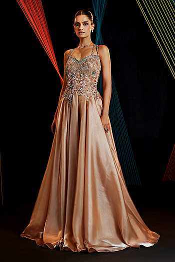 Buy Gold Organza Hand Embroidered Floral Sweetheart Neck Gown For Women ...