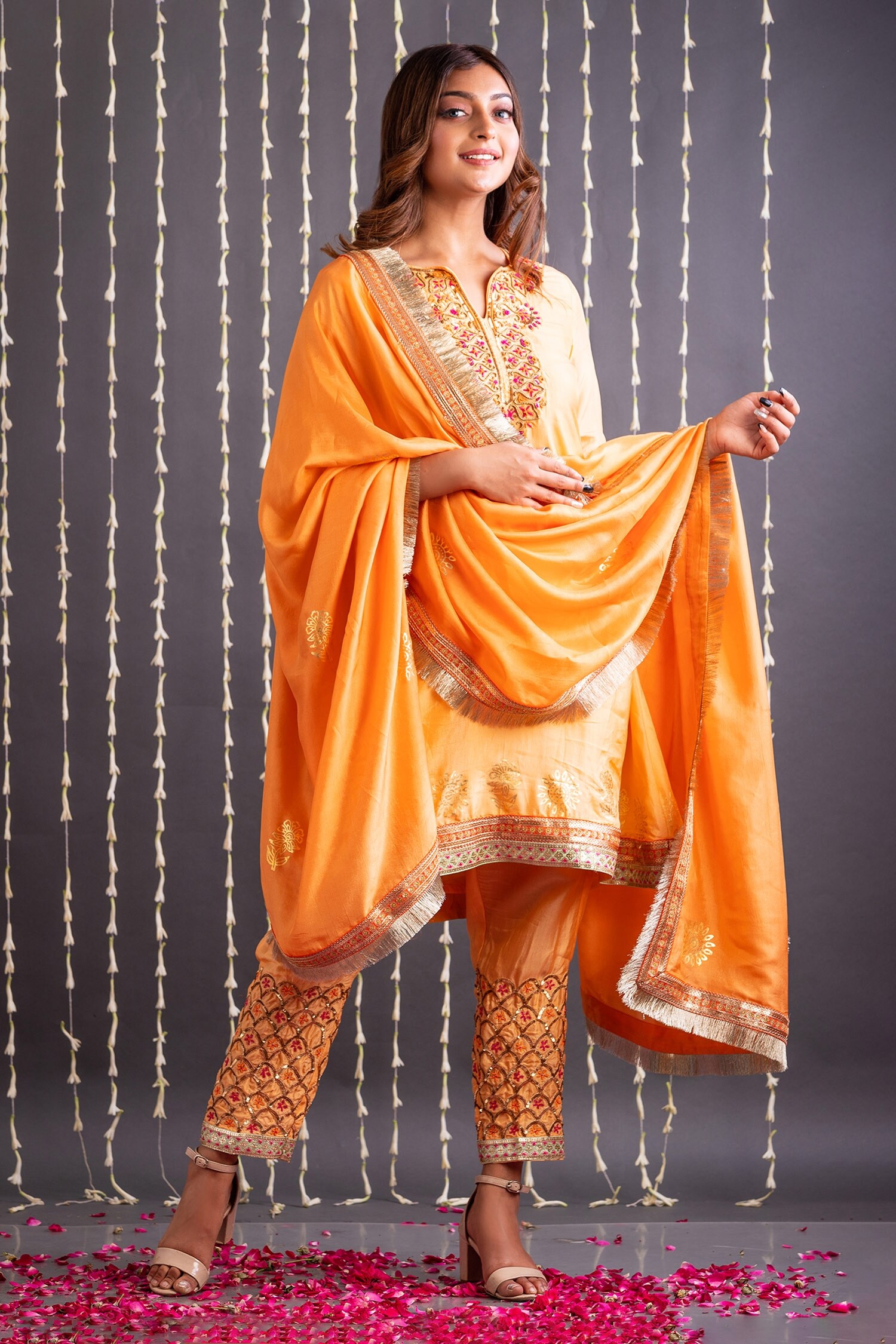 Buy Orange Silk Blend Printed And Embroidered Foil Falak Kurta Pant Set For Women by Kefi ...