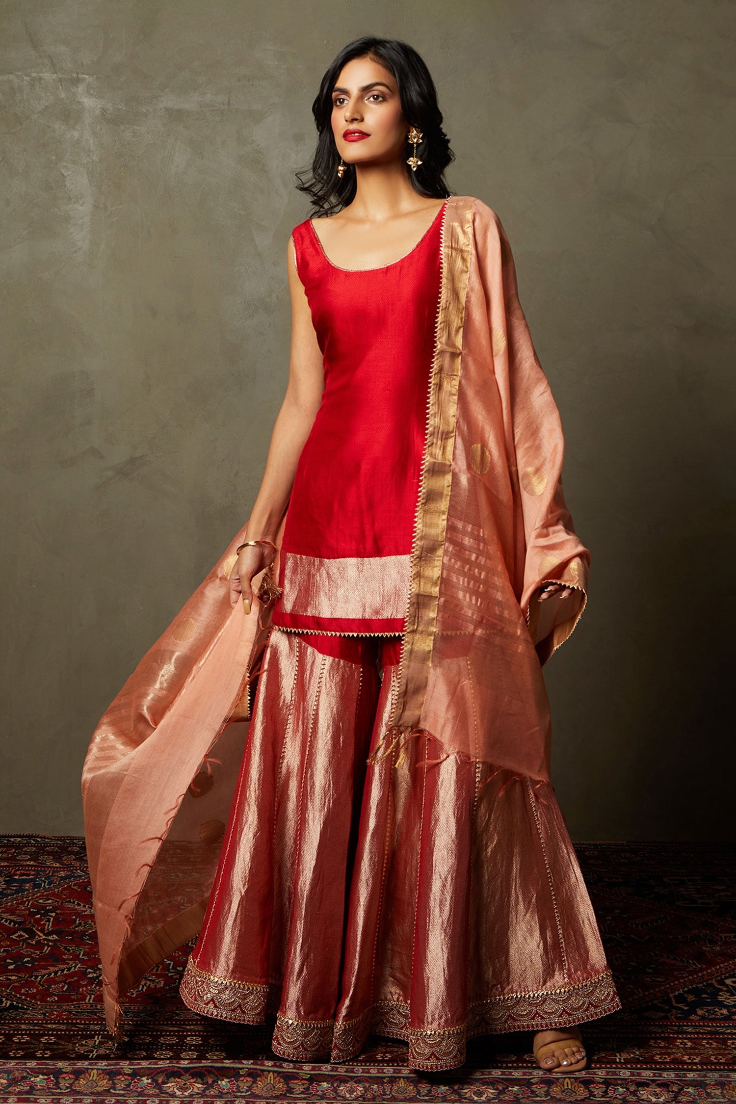 Buy Red Silk Embroidered Scalloped Round Christin Kurta Gharara Set For ...
