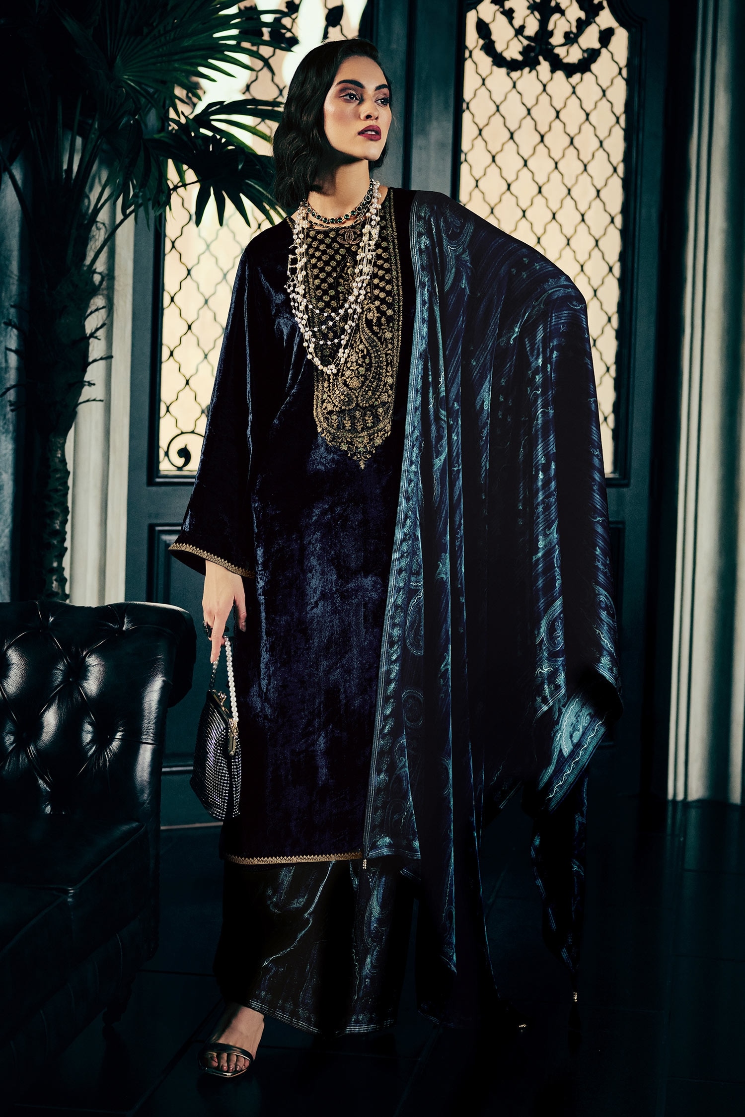 Buy Blue Kurta: Velvet Printed And Embroidered Resham Thread Work & Set ...