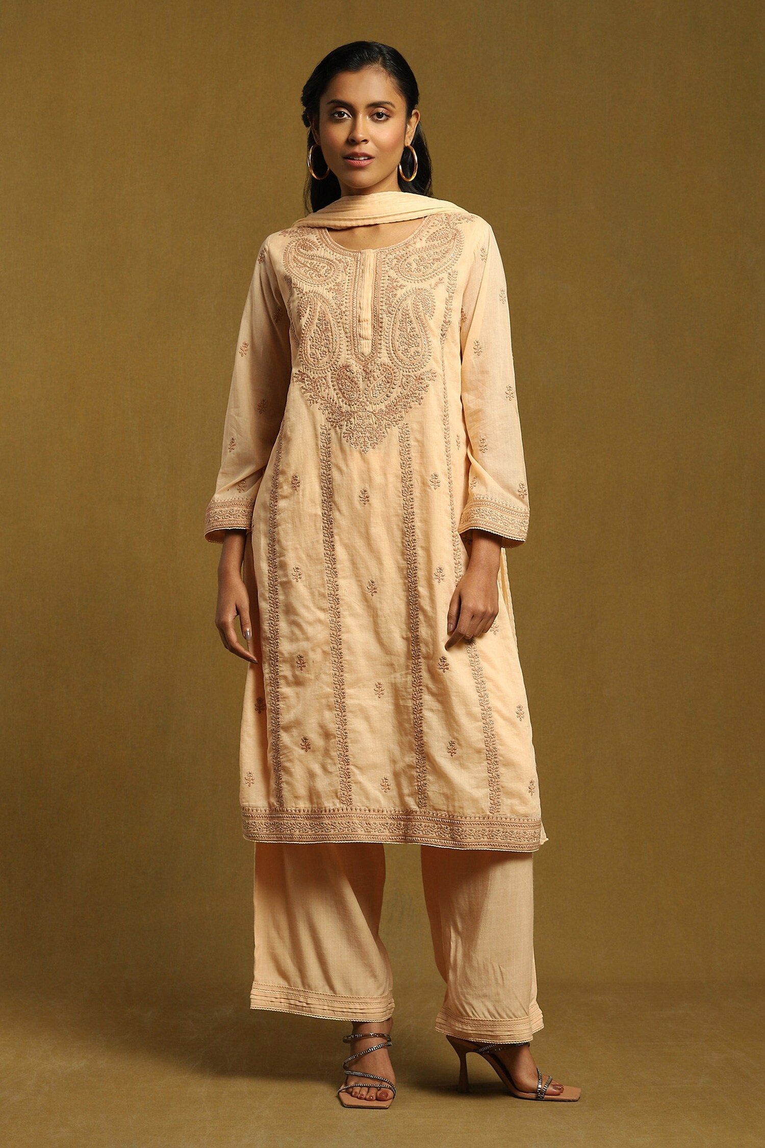 Buy Ritu Kumar Beige Embroidered Kurta Palazzo Set Online | Aza Fashions