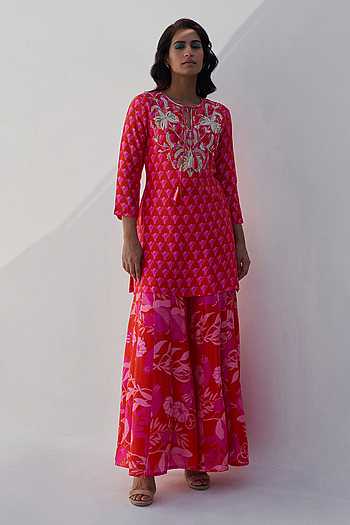 Buy Archana Shah Red Silk Romance Kurta And Pomo Pattern Sharara Set ...