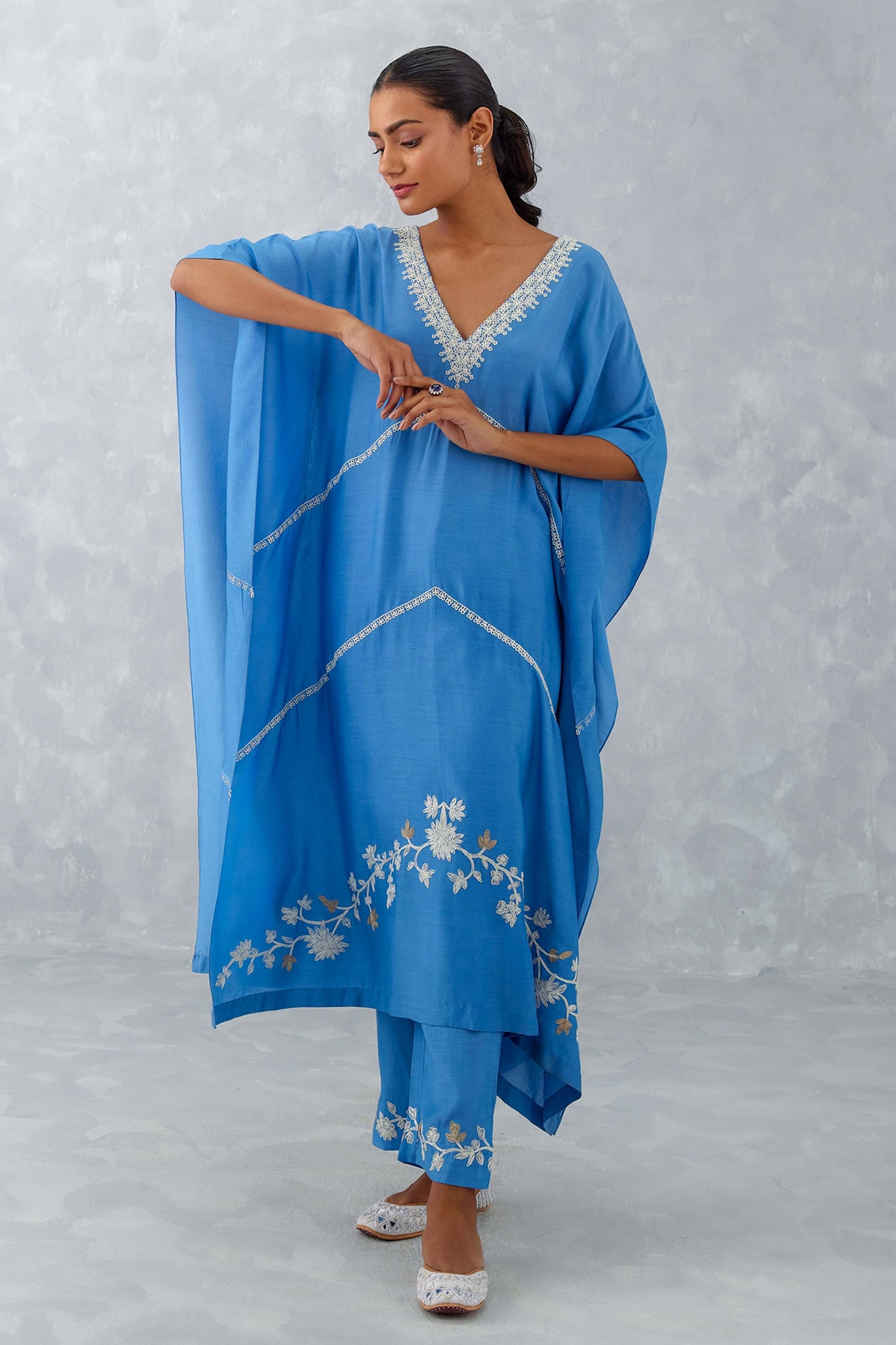 Buy Devnaagri Blue Muslin Floral Embroidered Kaftan And Pant Set Online ...