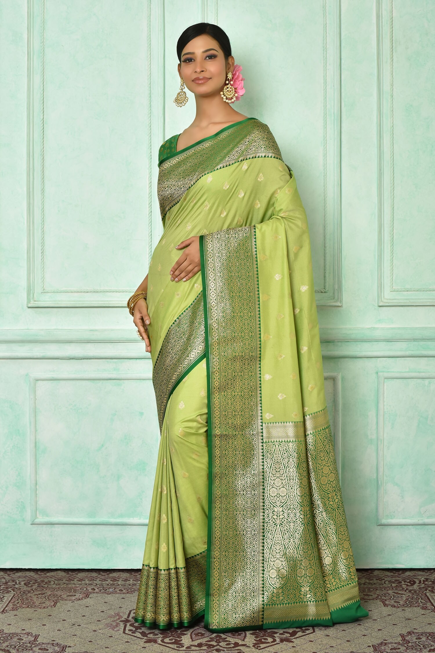 Buy Green Katan Silk Woven Floral Pattern Saree With Running Blouse For