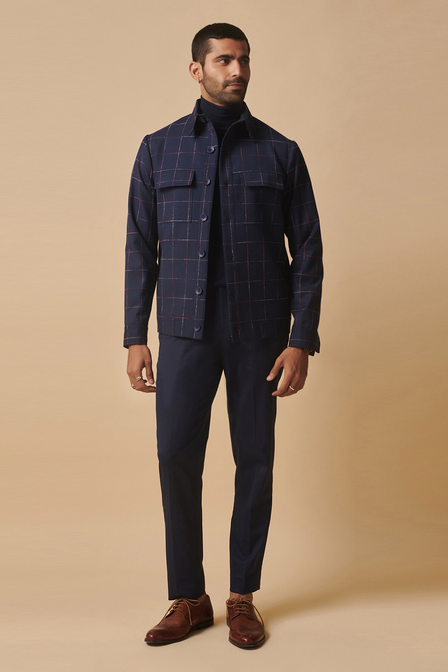 Buy Blue 100% Wool Checkered Woven Shacket For Men by Philocaly Online ...