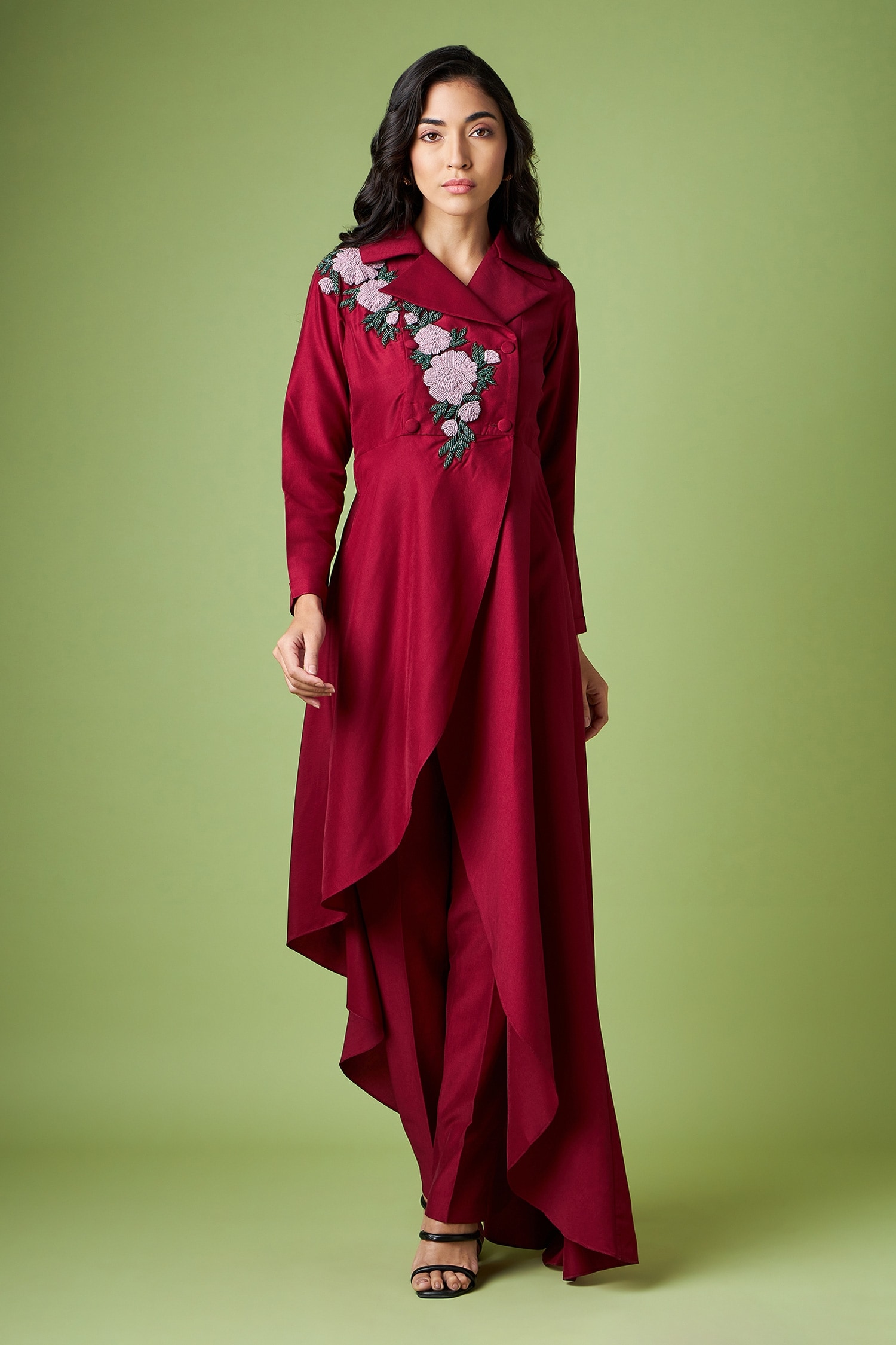 Buy Aakaar Maroon Cotton Silk Floral Embellished Blazer And Pant Set ...