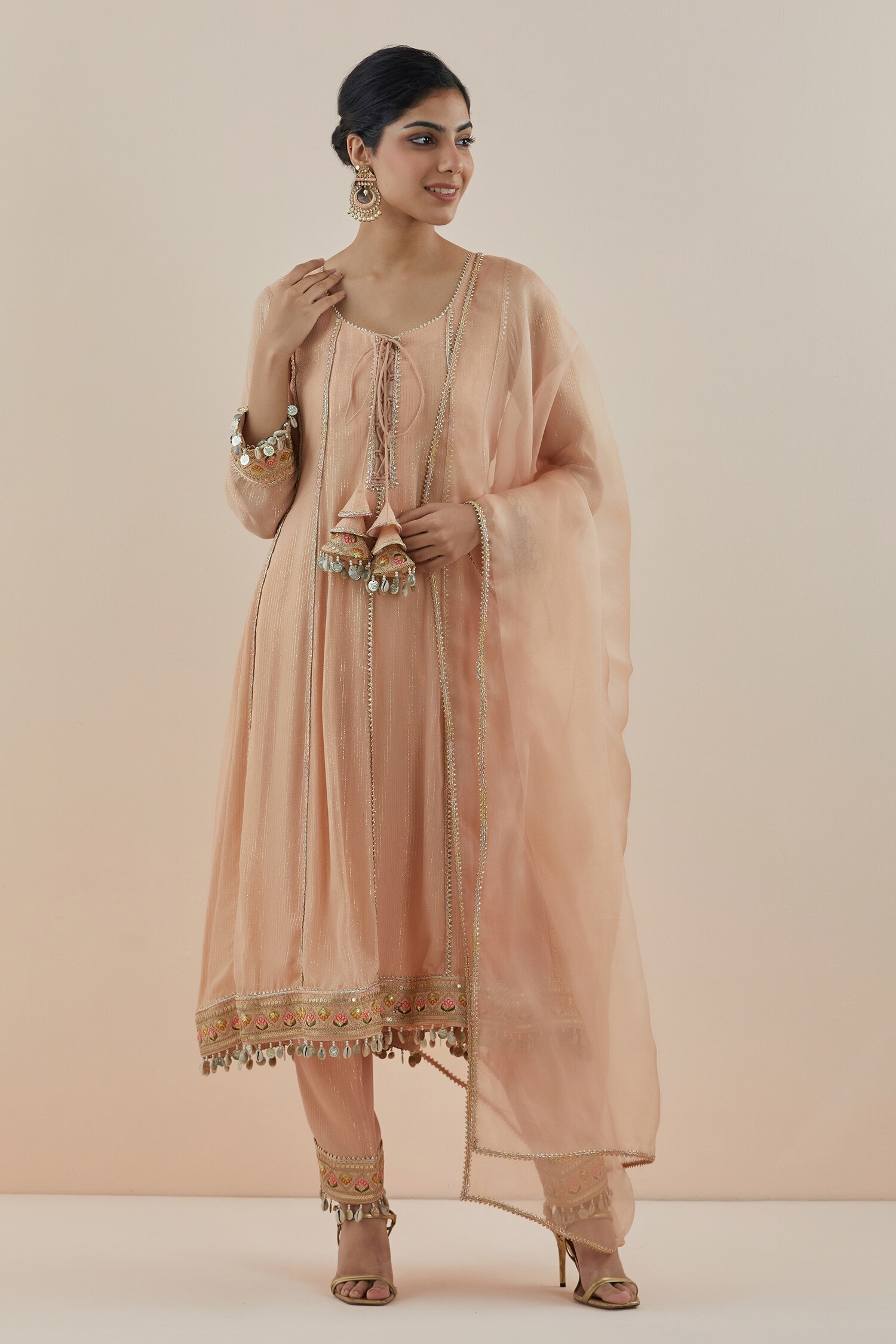 Buy Makaan.51 Peach Lurex Georgette Embroidered Floral Border Anarkali Set Online | Aza Fashions