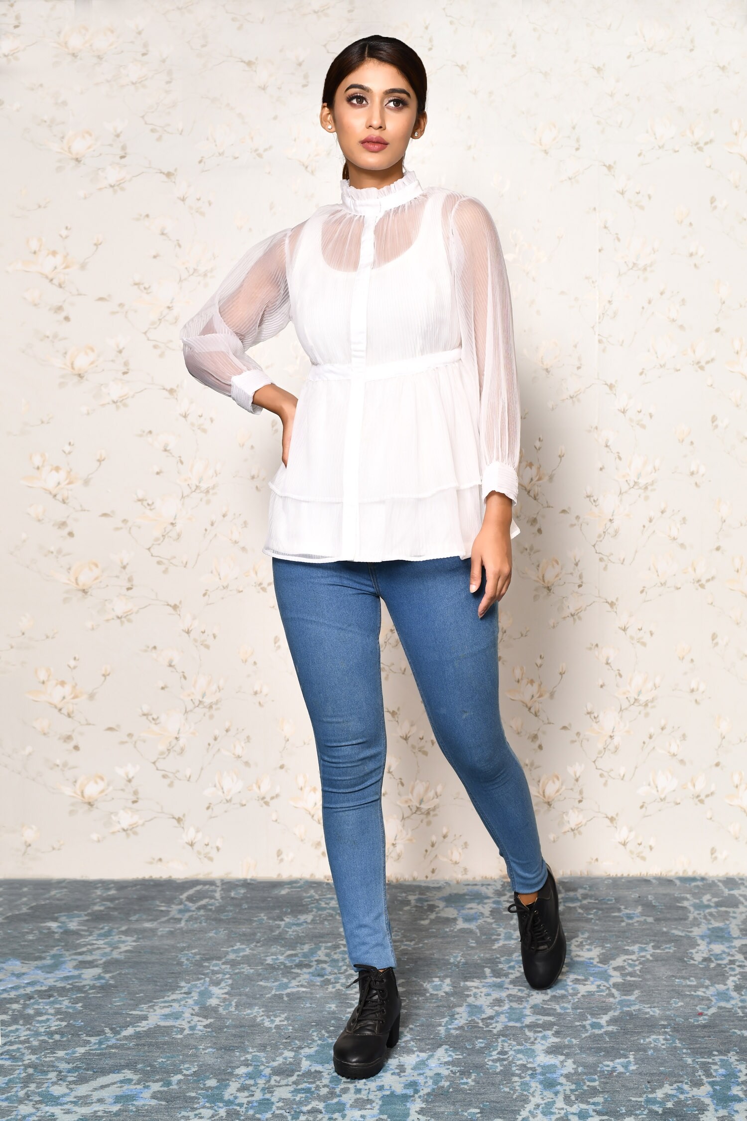 Buy White Spril Organza Plain Ruffle High Neck Sheer Top For Women by ...