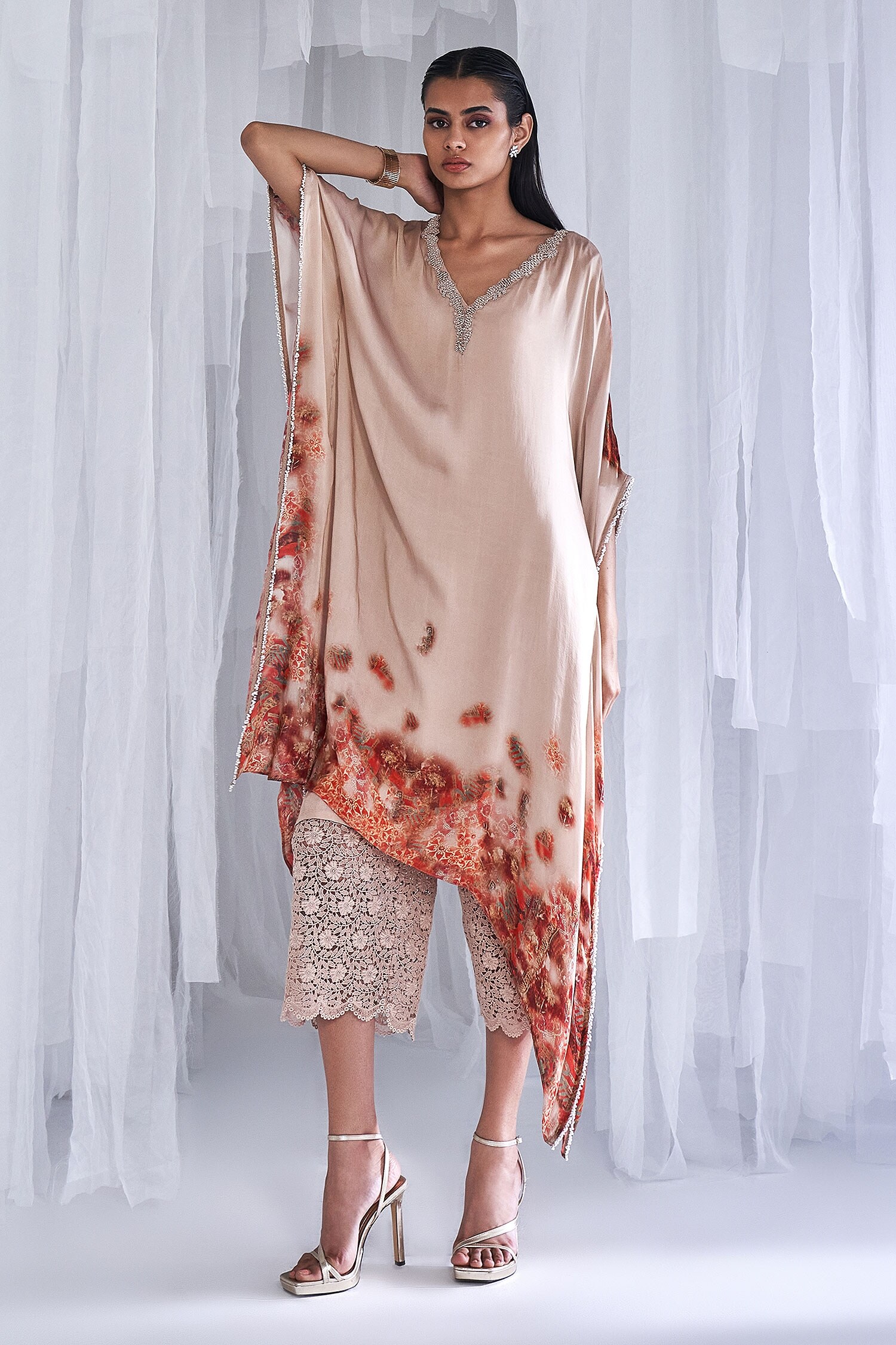 Buy Dolly J Peach Chloe Satin Kaftan And Chantilly Hem Trouser Set ...