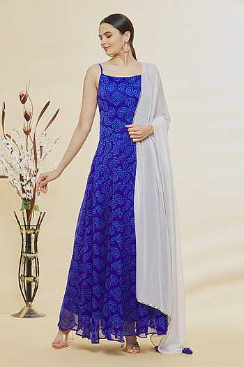 Buy Blue Chiffon Printed Bandhani Square Neck Anarkali With Dupatta For ...