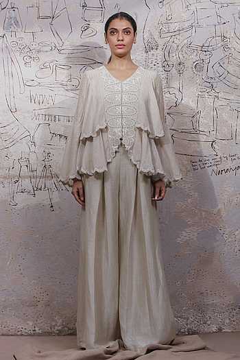 Buy Ivory Embroidery Floral Cheshire Layered Jacket With Pleated Pant ...