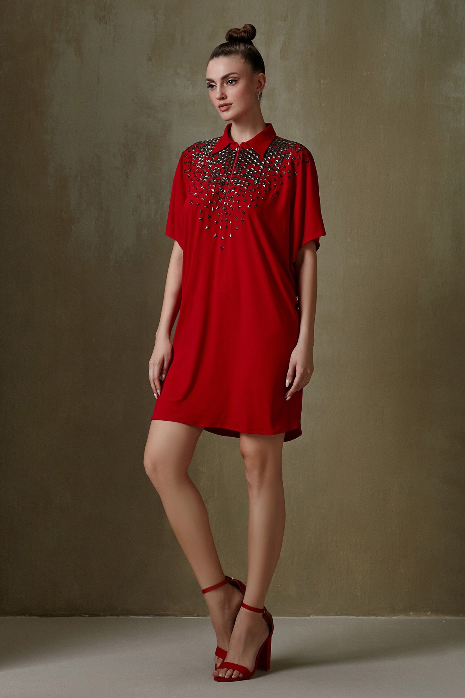 Buy Red Jersey Embellished Geometric Collared Neck Triad Boxy Dress For ...