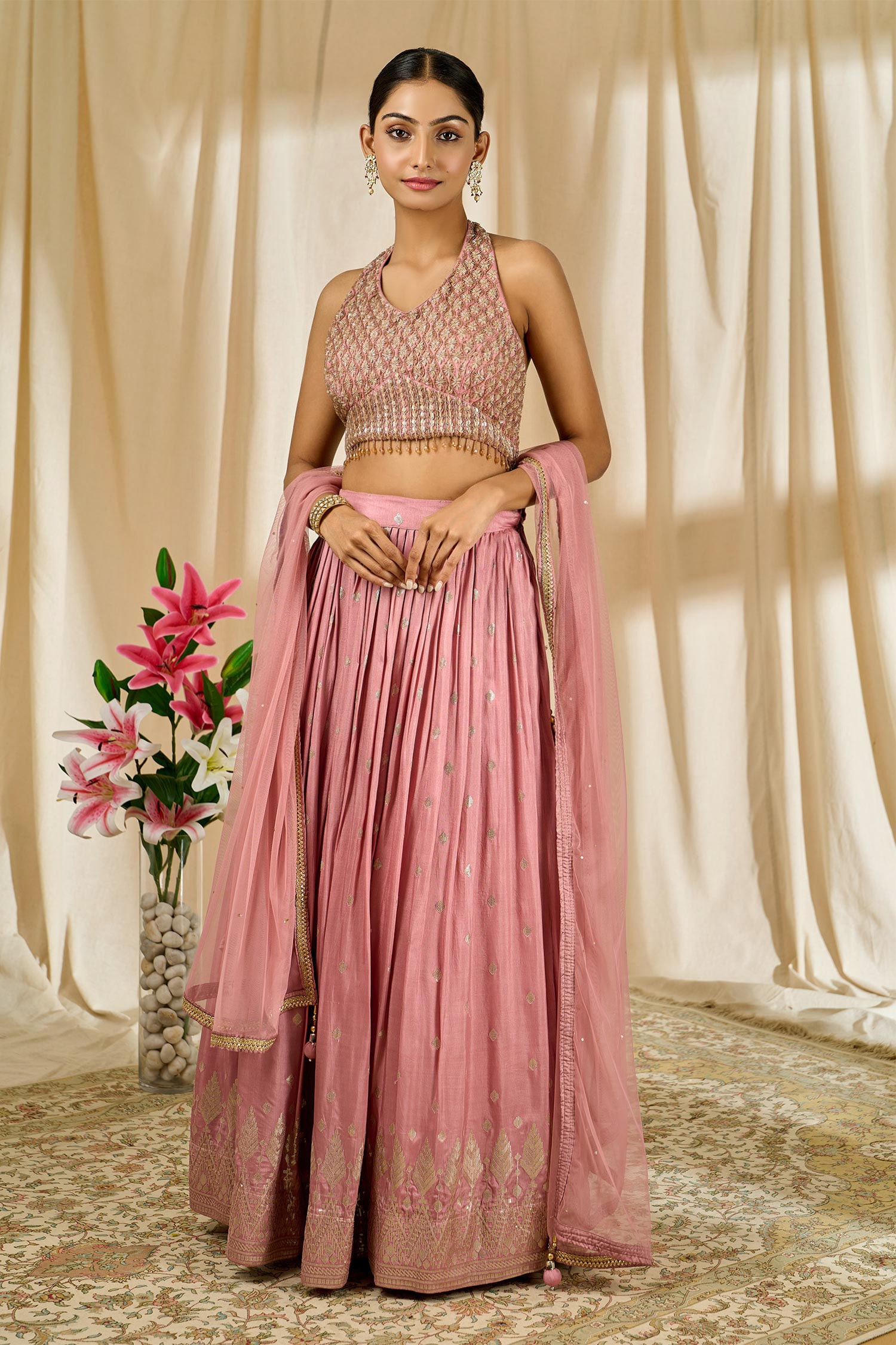 Buy Pink Lehenga And Blouse Dola Silk Embroidered Sequin Halter Set For ...