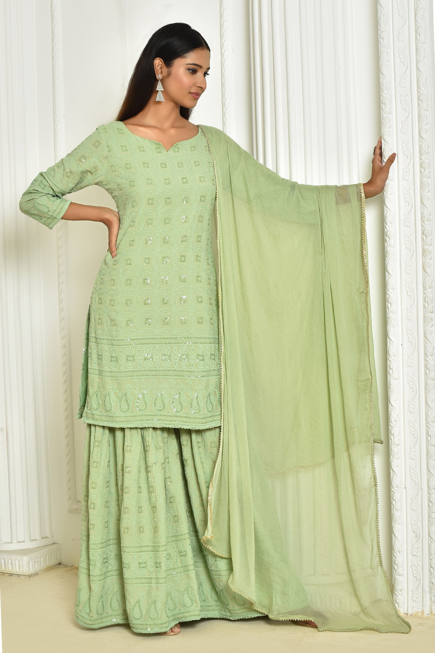 Buy Green Kurta: Rayon Embroidered Sequins Notched Chikankari Sharara ...