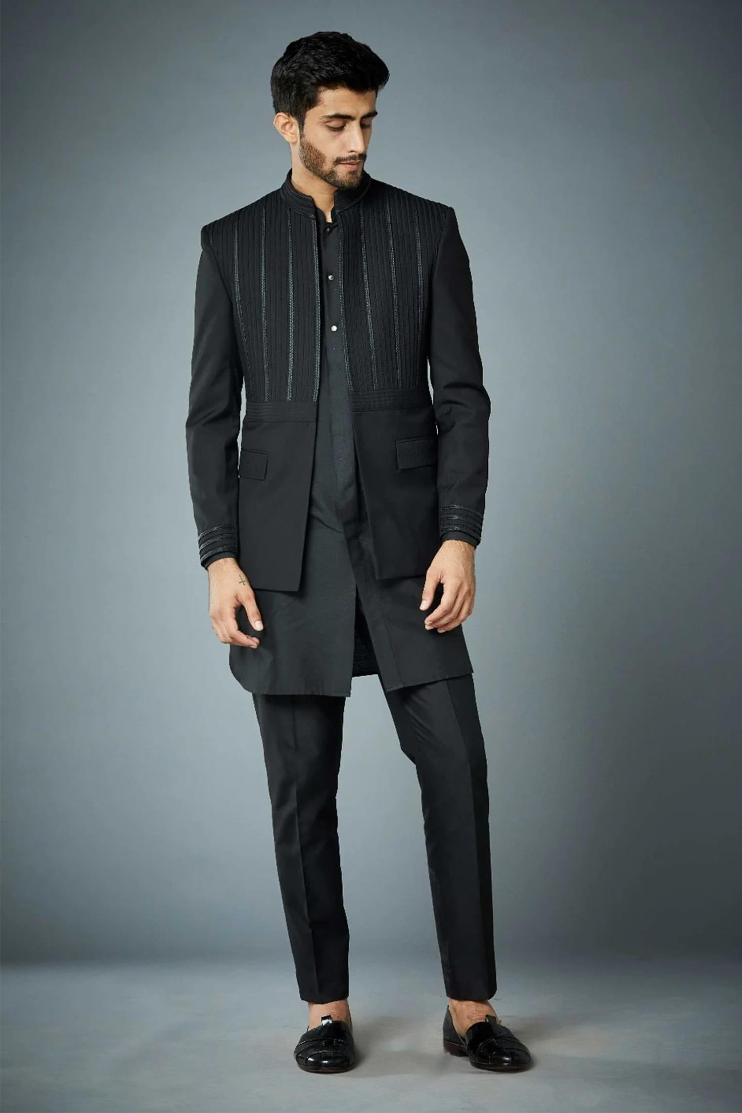 Buy Black Bandhgala Poly Wool Collateral Tape Set For Men by Gargee ...