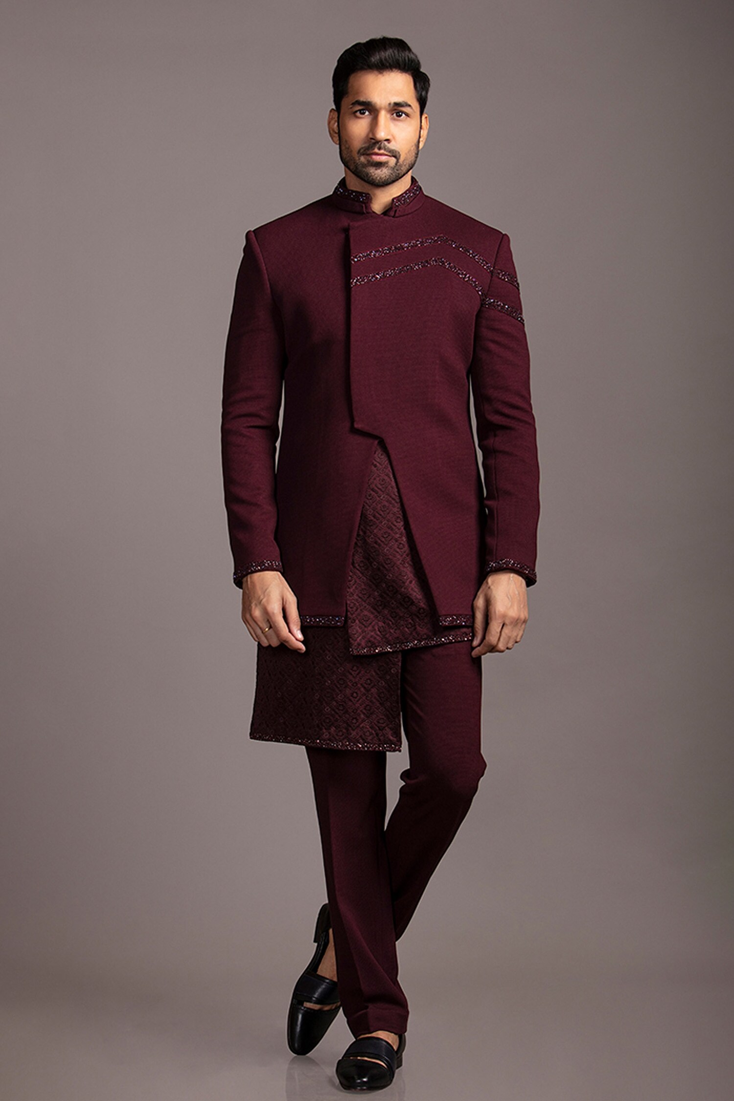 Buy Jayesh Shah Wine Dobby Border Embroidered Cross-cut Sherwani Set ...