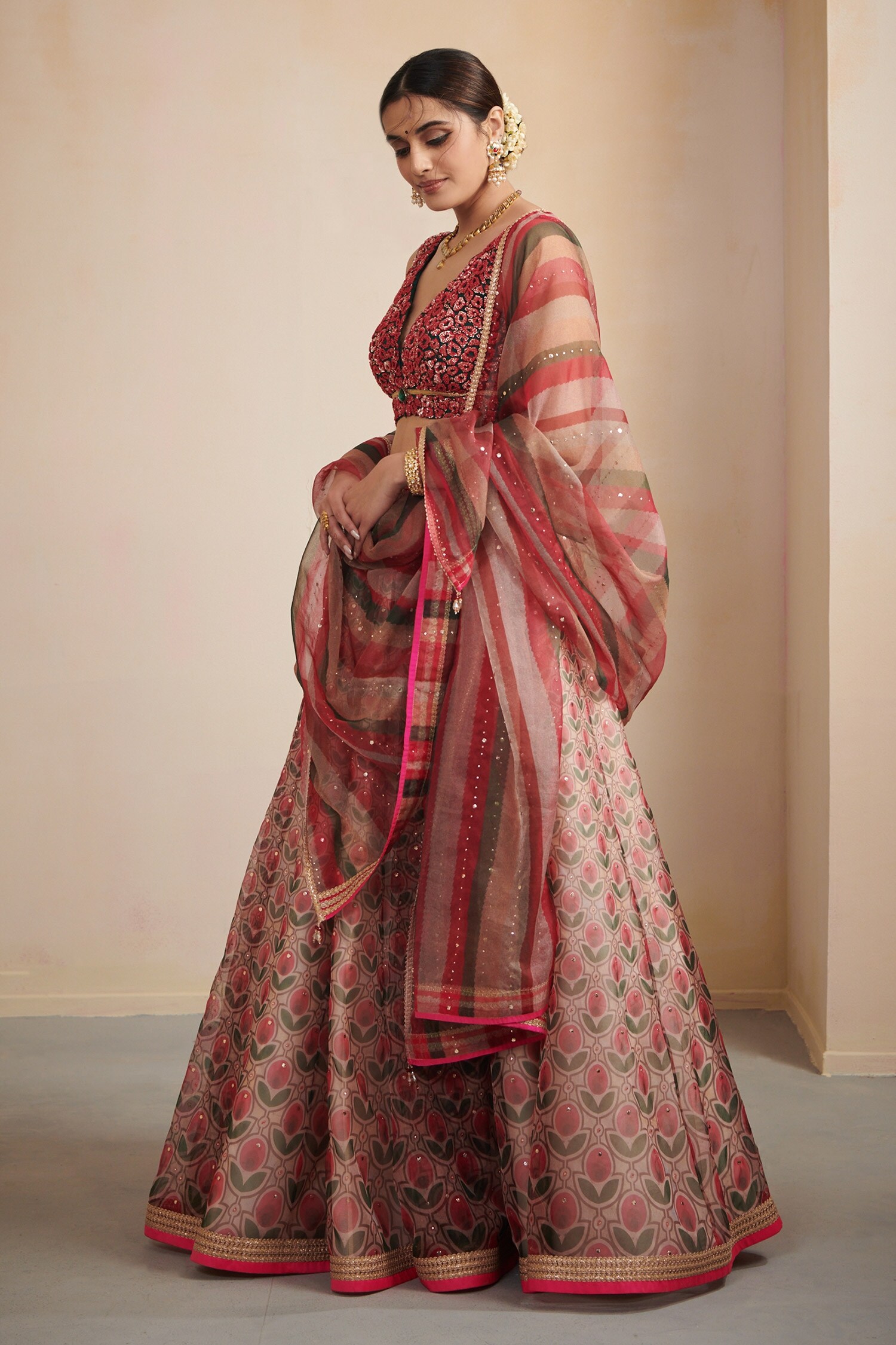 Buy Ivory Organza Printed And Embroidered Floral Deep V Flared Lehenga ...