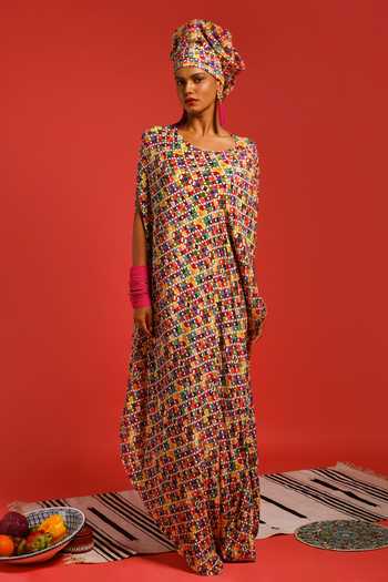 Buy Multi Color Natural Crepe Printed Digital Round Draped Dress For ...