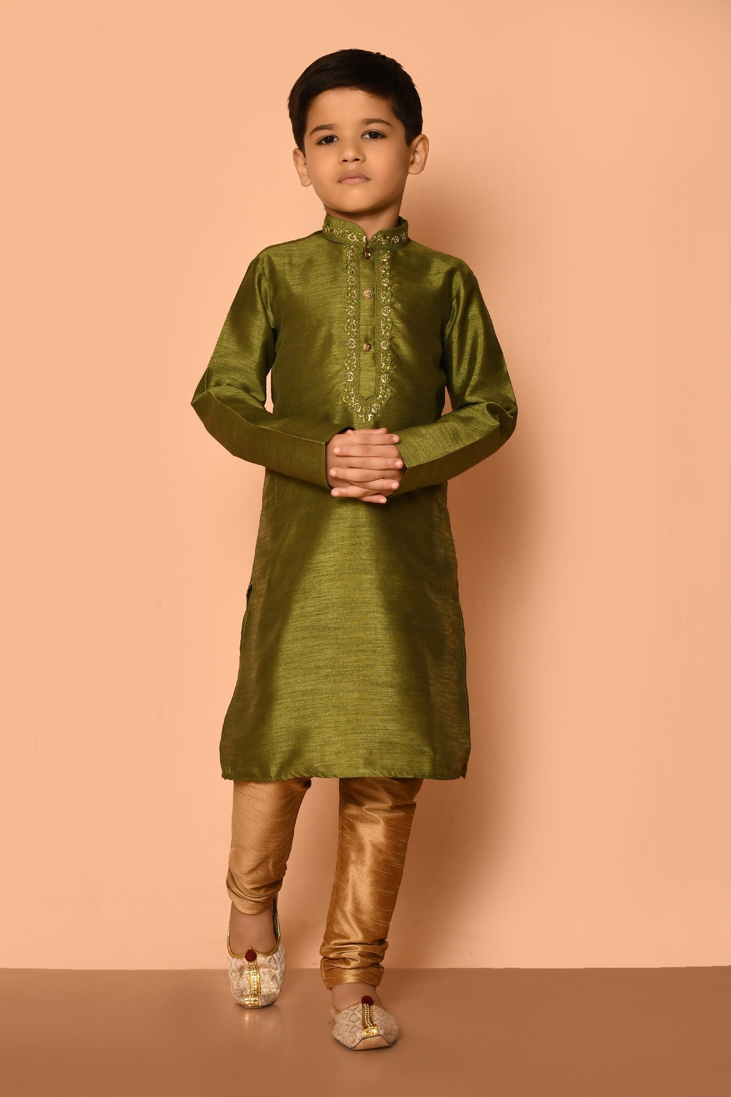 Buy Green Silk Embroidered Thread Full Sleeve Kurta And Gold Churidar ...