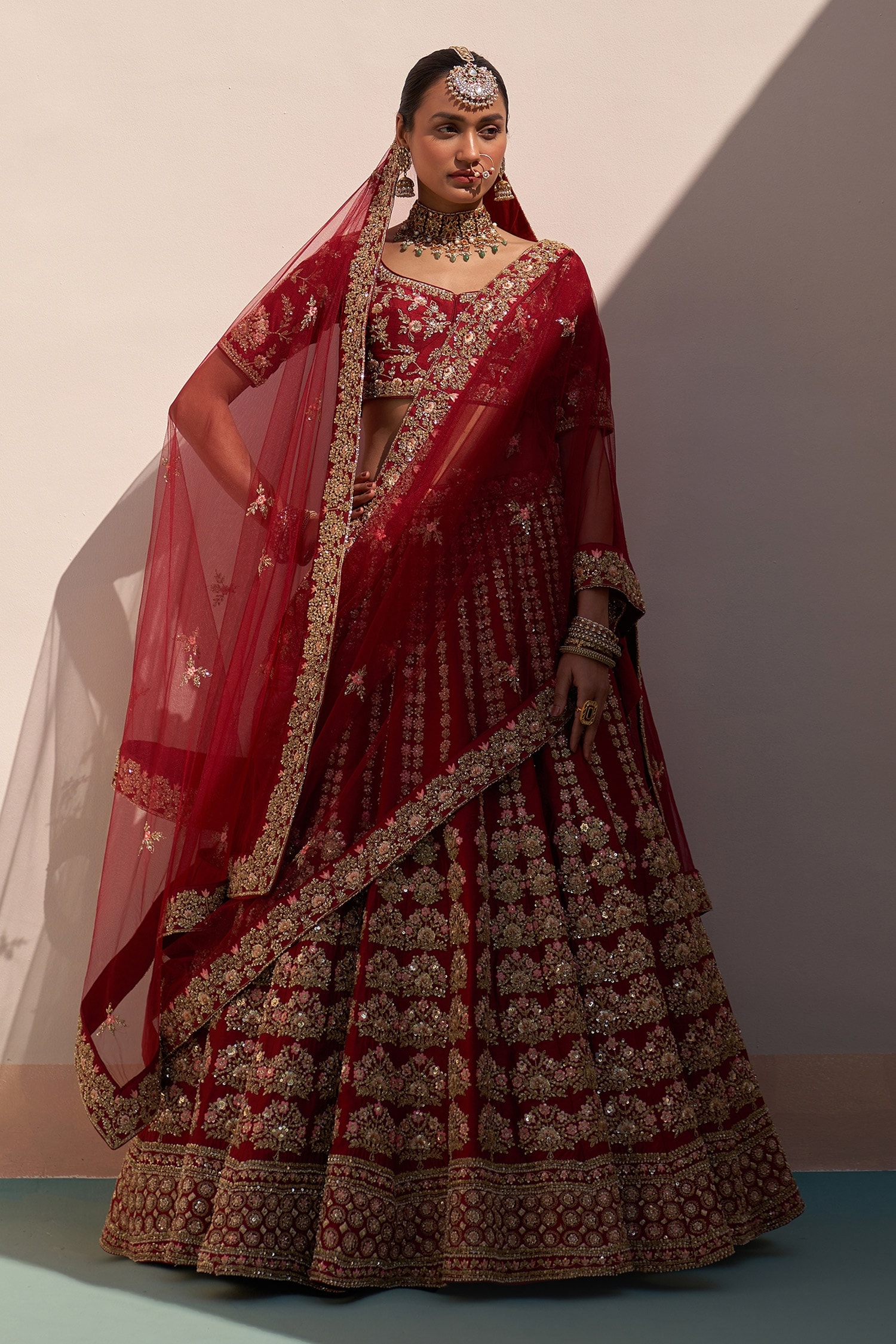 Buy Maroon Raw Silk Embroidery Zardozi Leaf Neck Floral Bridal Lehenga