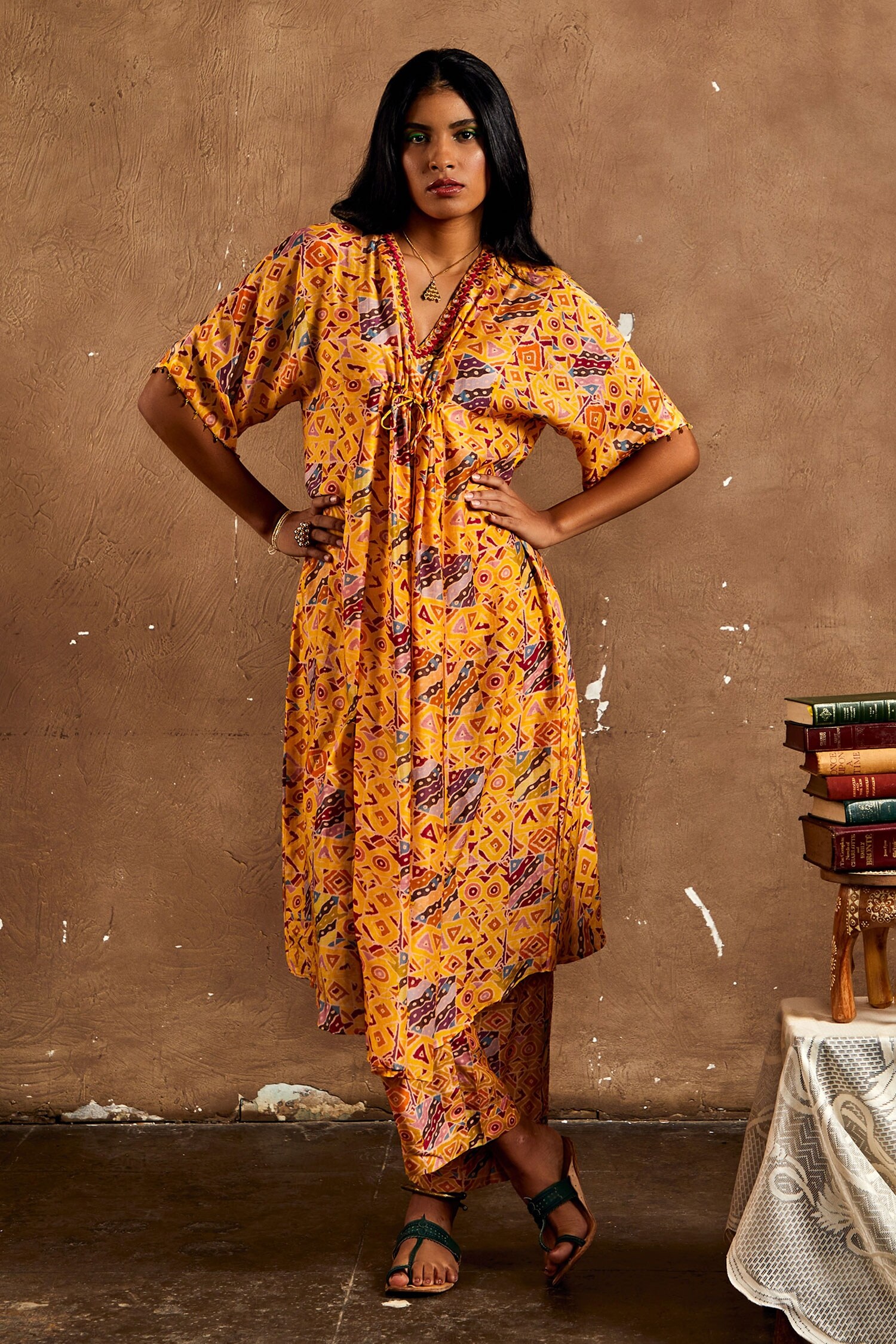 Buy Yellow Cotton Silk Printed Geometric V Neck Kaftan Kurta And Pant ...