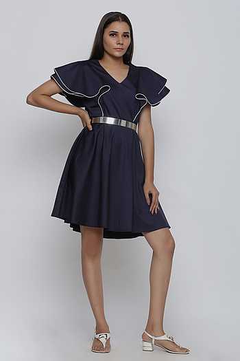Buy Escape By Aishwarya Blue Cotton Satin Circular Drama Flared Dress ...