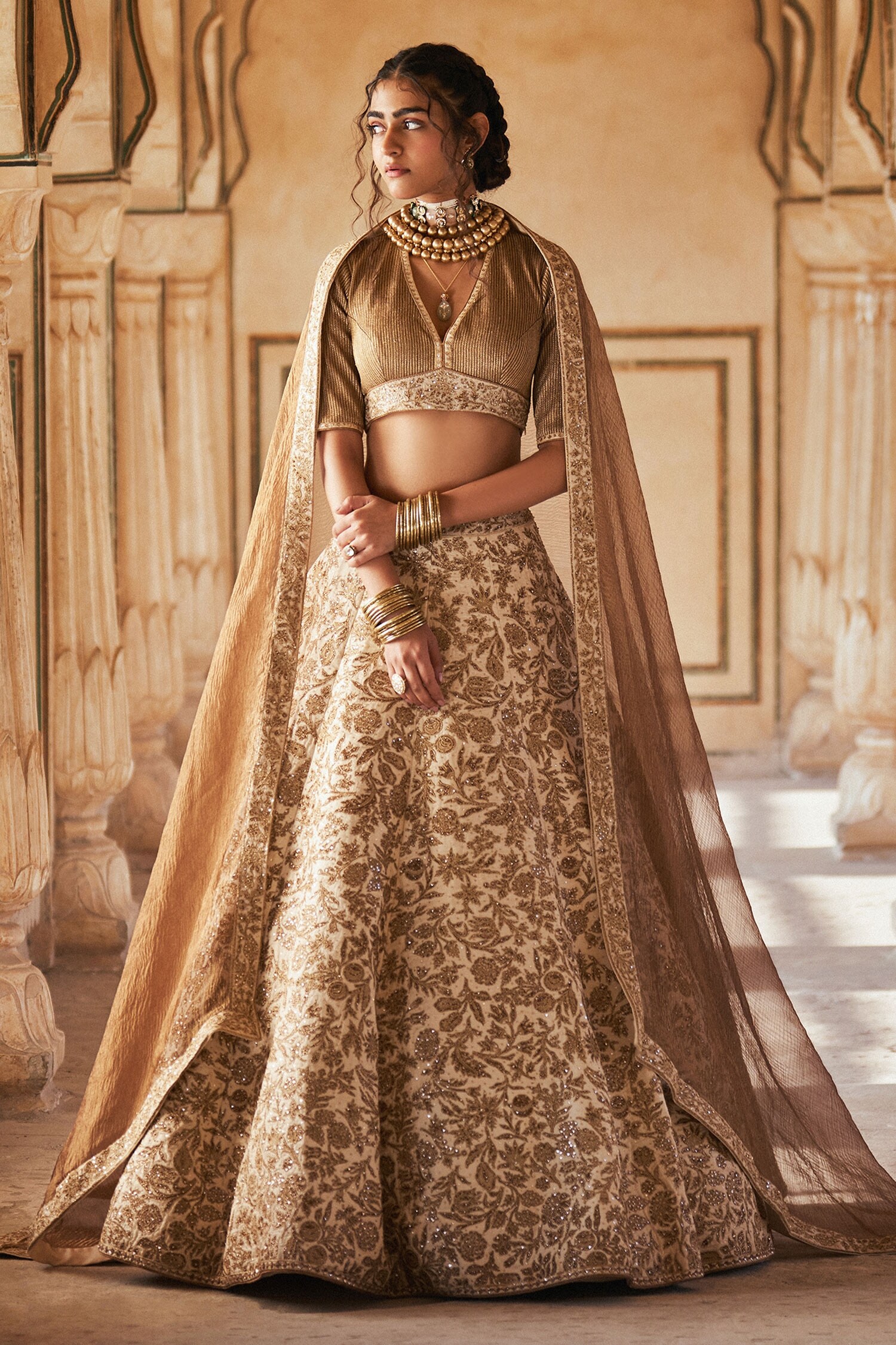 Buy Brown Pure Tussar Silk Hand Botanical Jaal Bridal Lehenga Set For ...