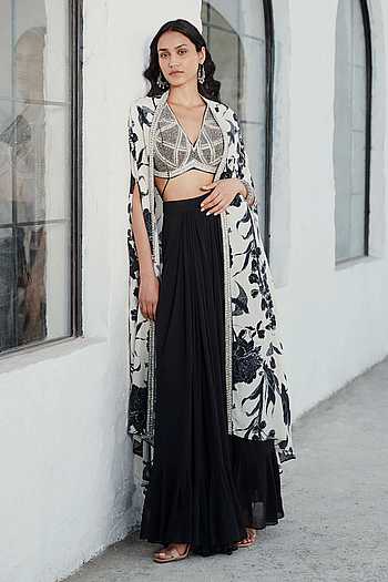 Buy Black Crepe Embroidery Sequins Cape Open Garden Pattern Pleated ...