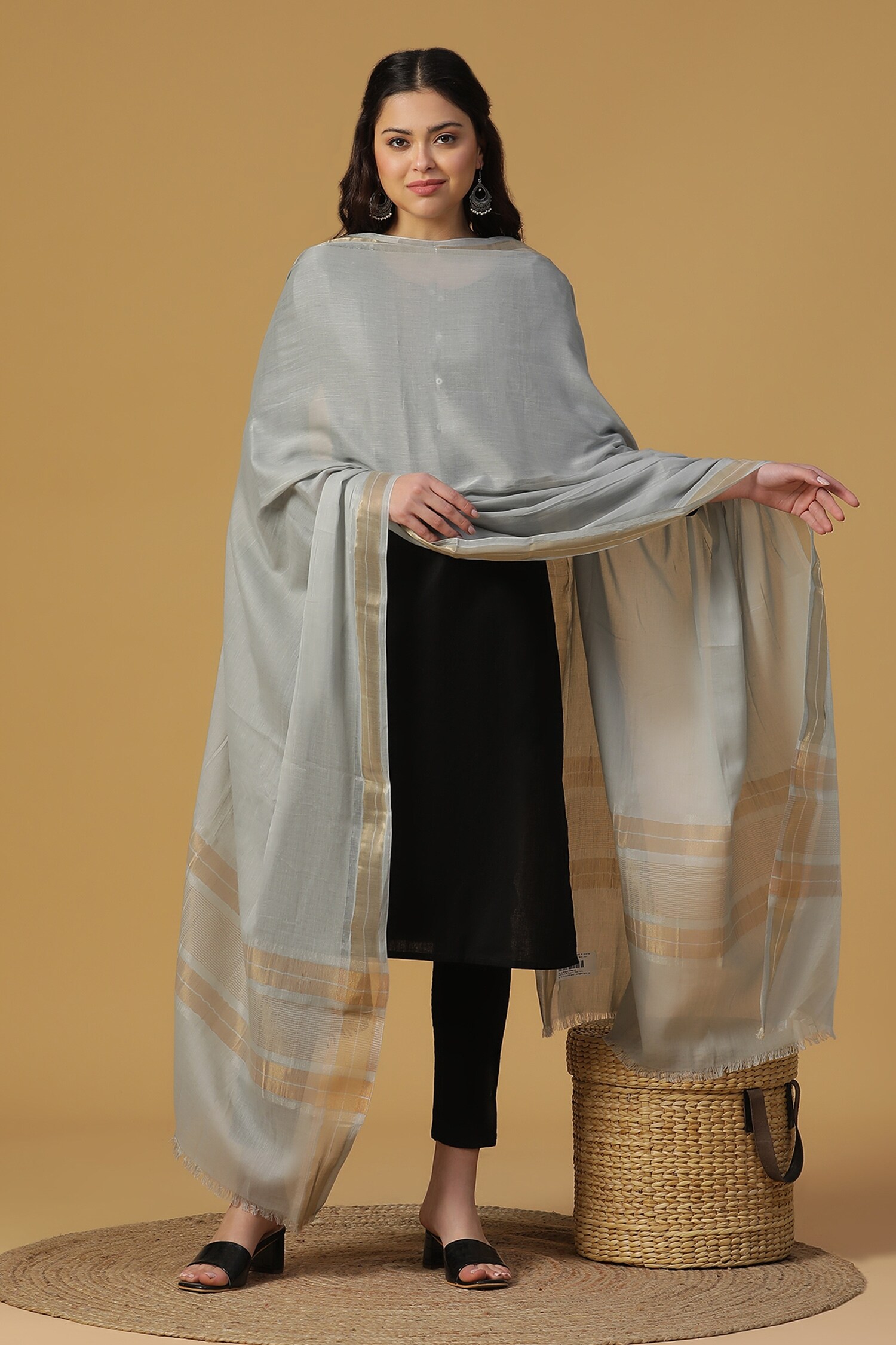 Buy Shingora Grey Cotton Solid Dobby Woven Dupatta Online | Aza Fashions