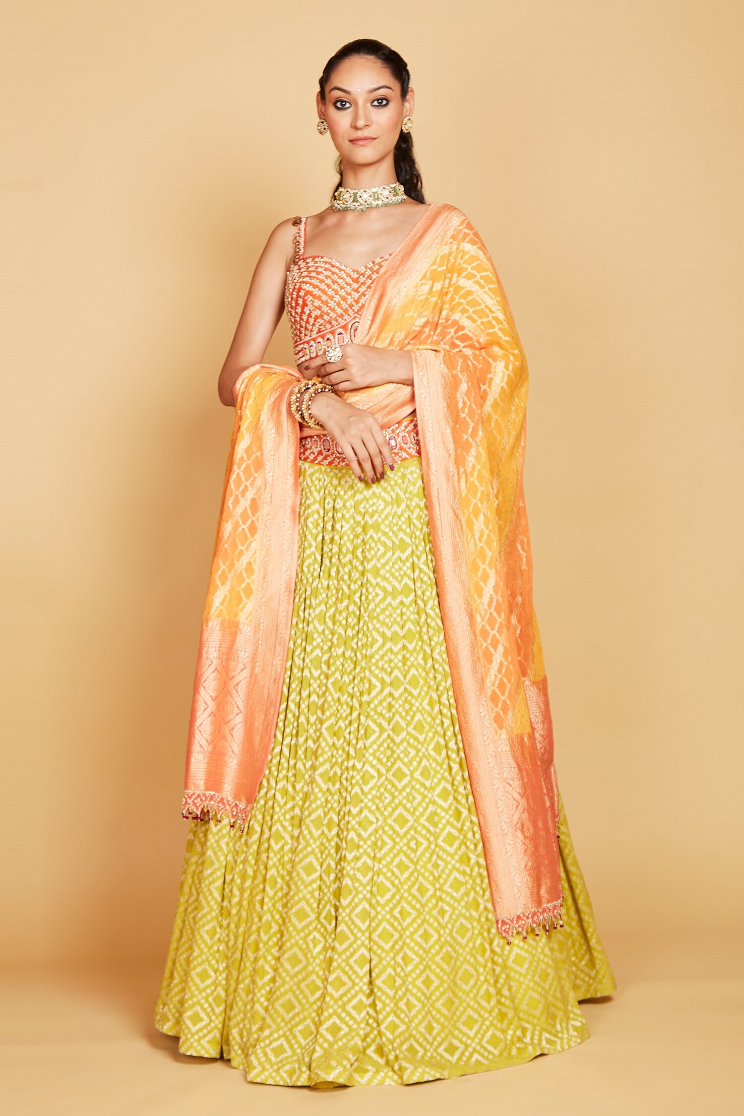 Buy Amrin khan Yellow Banarasi Diamond Pattern Lehenga Set Online | Aza ...