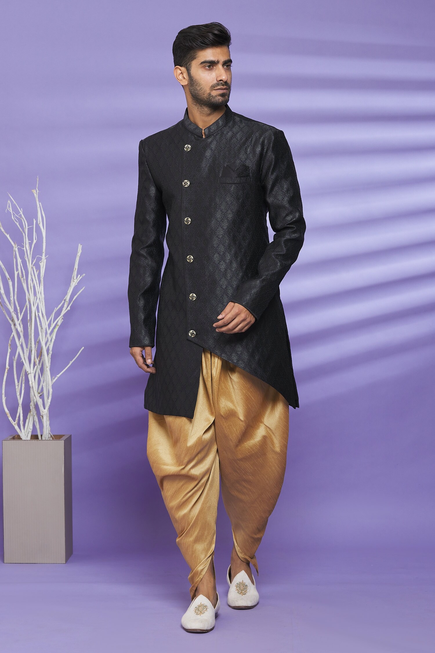Buy Black Asymmetric Sherwani And Dhoti Pant Set For Men by Aryavir ...