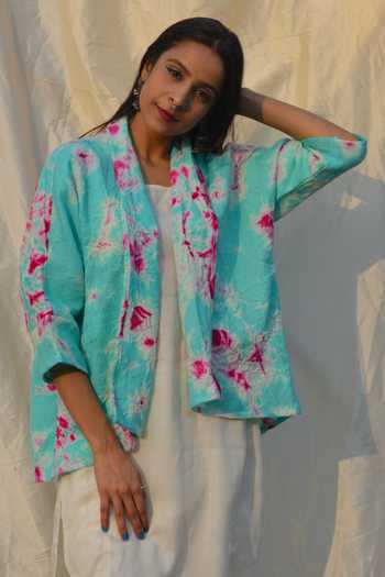 Buy Blue Handloom Cotton Wool Dyed Tie Shawl Collar Abstract Shrug For ...