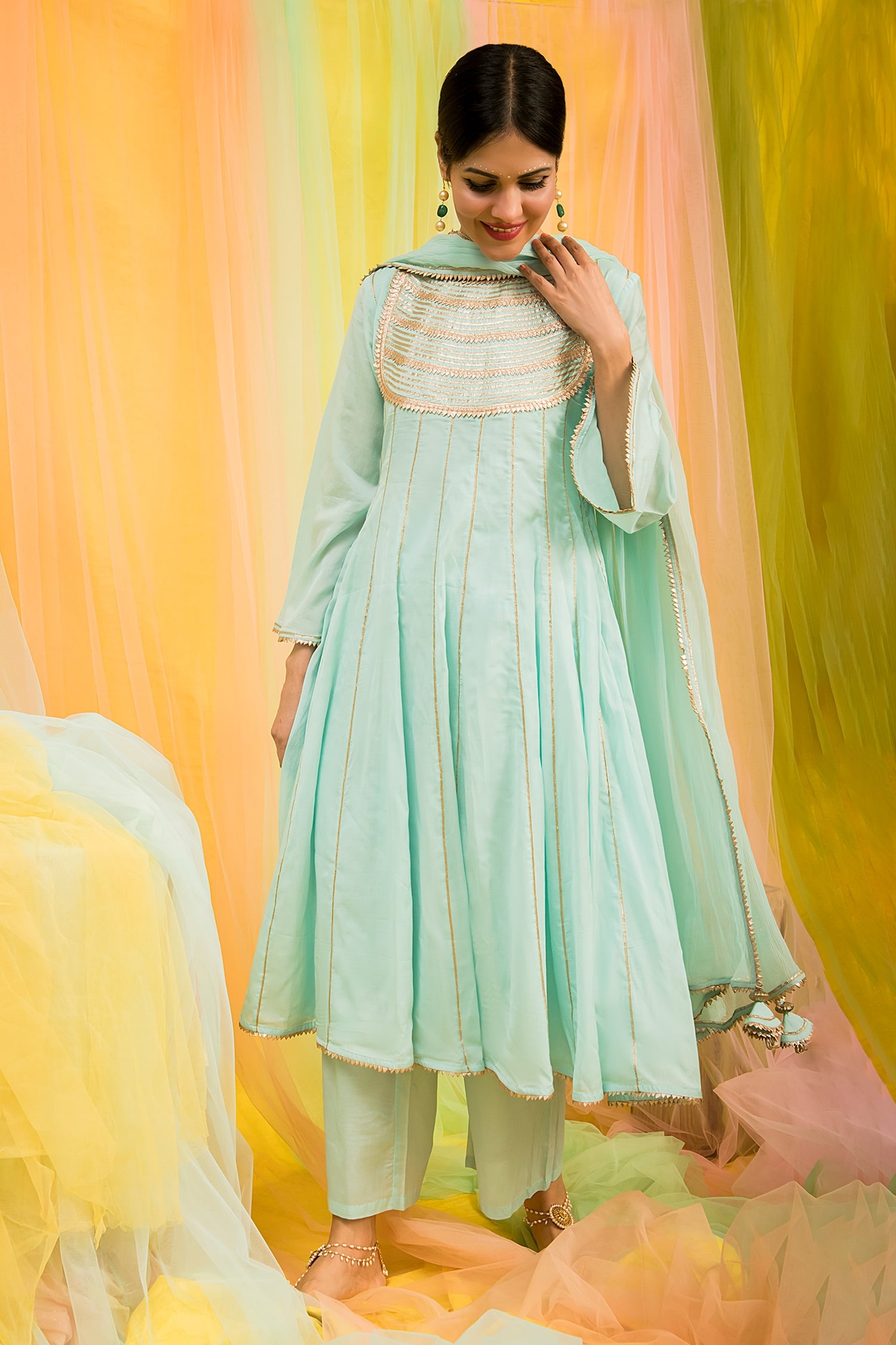 Buy Blue Anarkali And Pant Cotton Voile Round Set For Women by Kacha ...