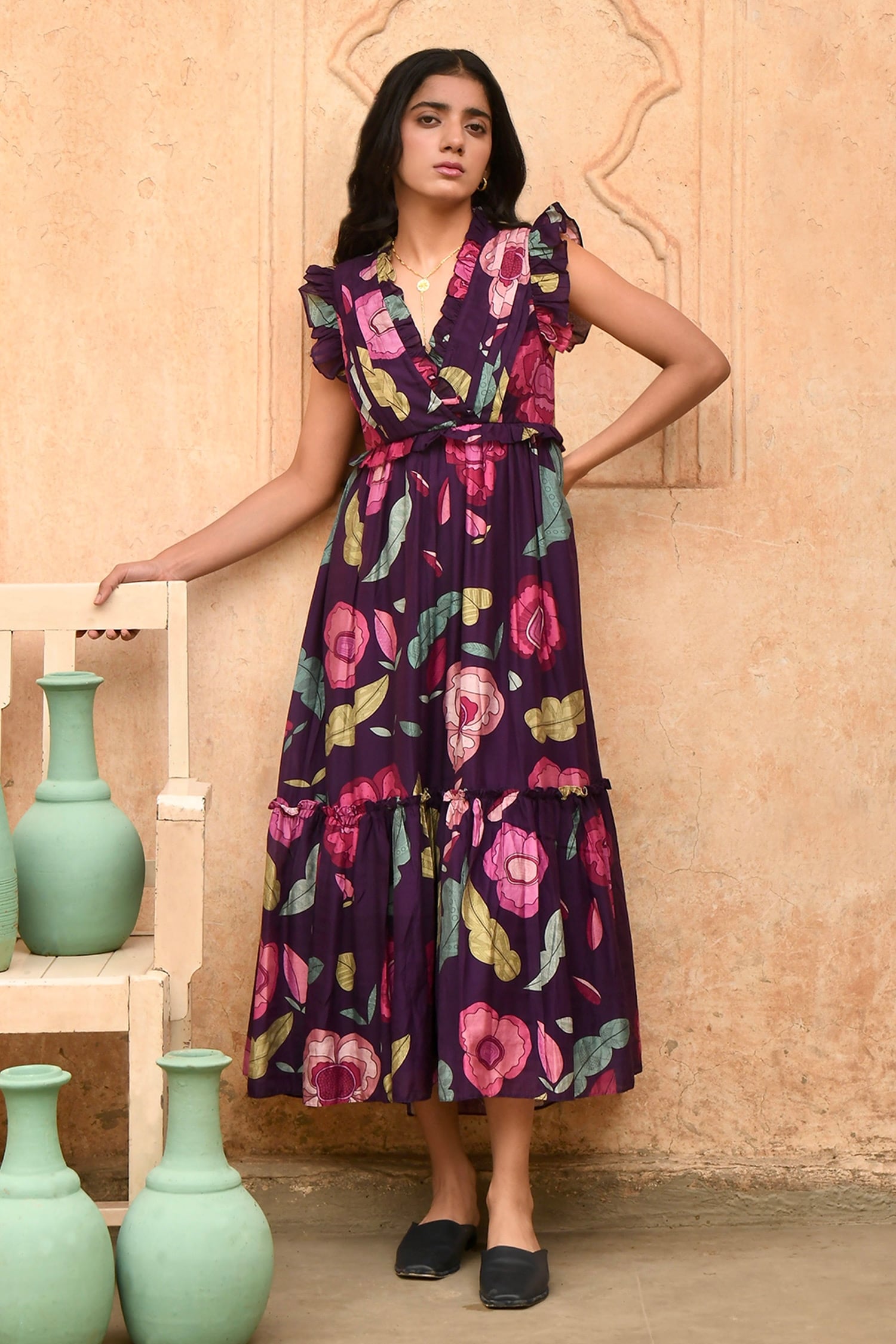 Buy Purple Chanderi Silk Printed Foliage Surplice Neck French Dress For ...