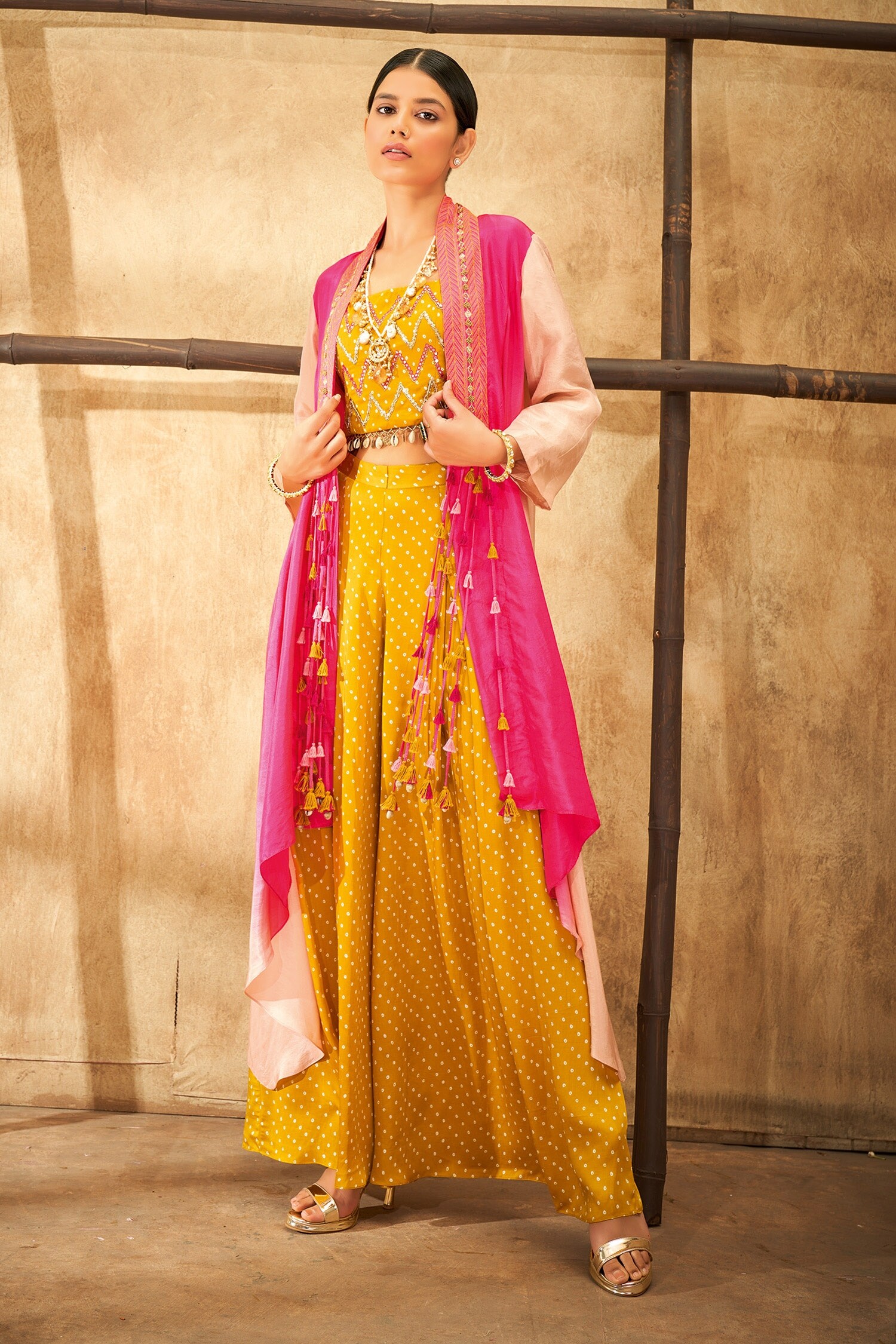 Buy Pink Pure Silk And Modal Satin Print Two Toned Cape And Pant Set ...