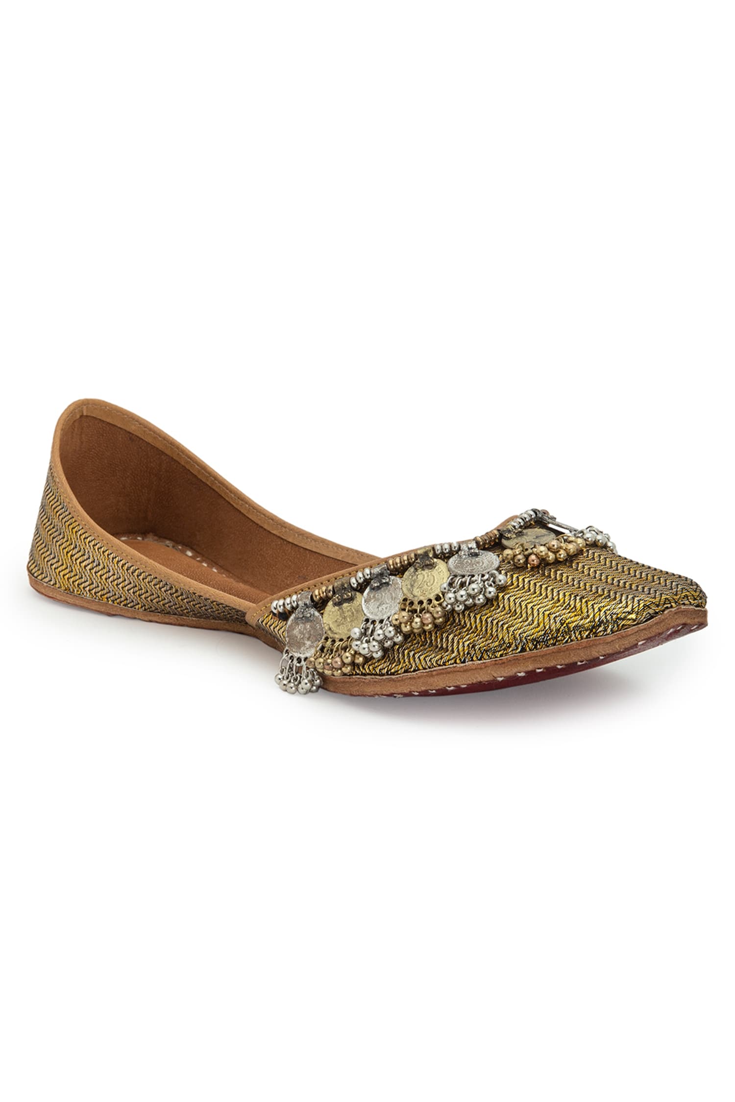 Buy 5 elements Gold Brocade Coin Embellished Juttis Online | Aza Fashions
