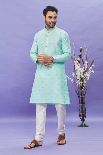Buy Green Kurta: Jacquard Banarasi Geometric Pattern Mandarin Collar ...