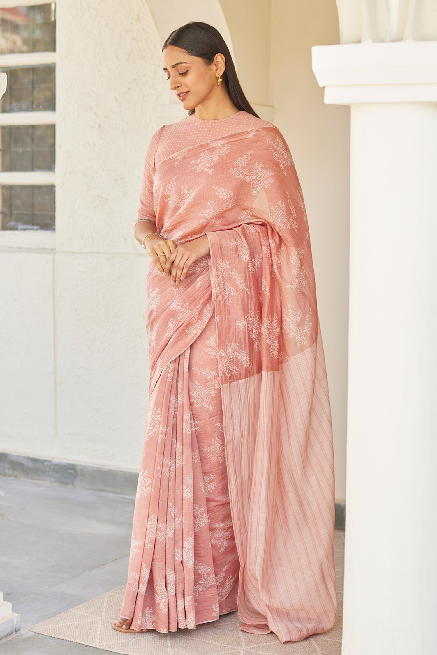 Buy Pink Printed Flower Saree For Women by Vaayu Online at Aza Fashions.