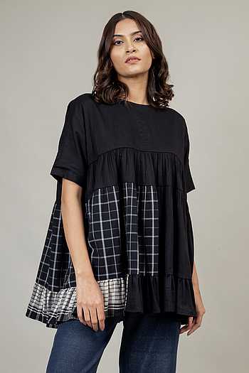 Buy Black Upcycled Cotton Checkered Round Arlene Neck Oversized Top For ...