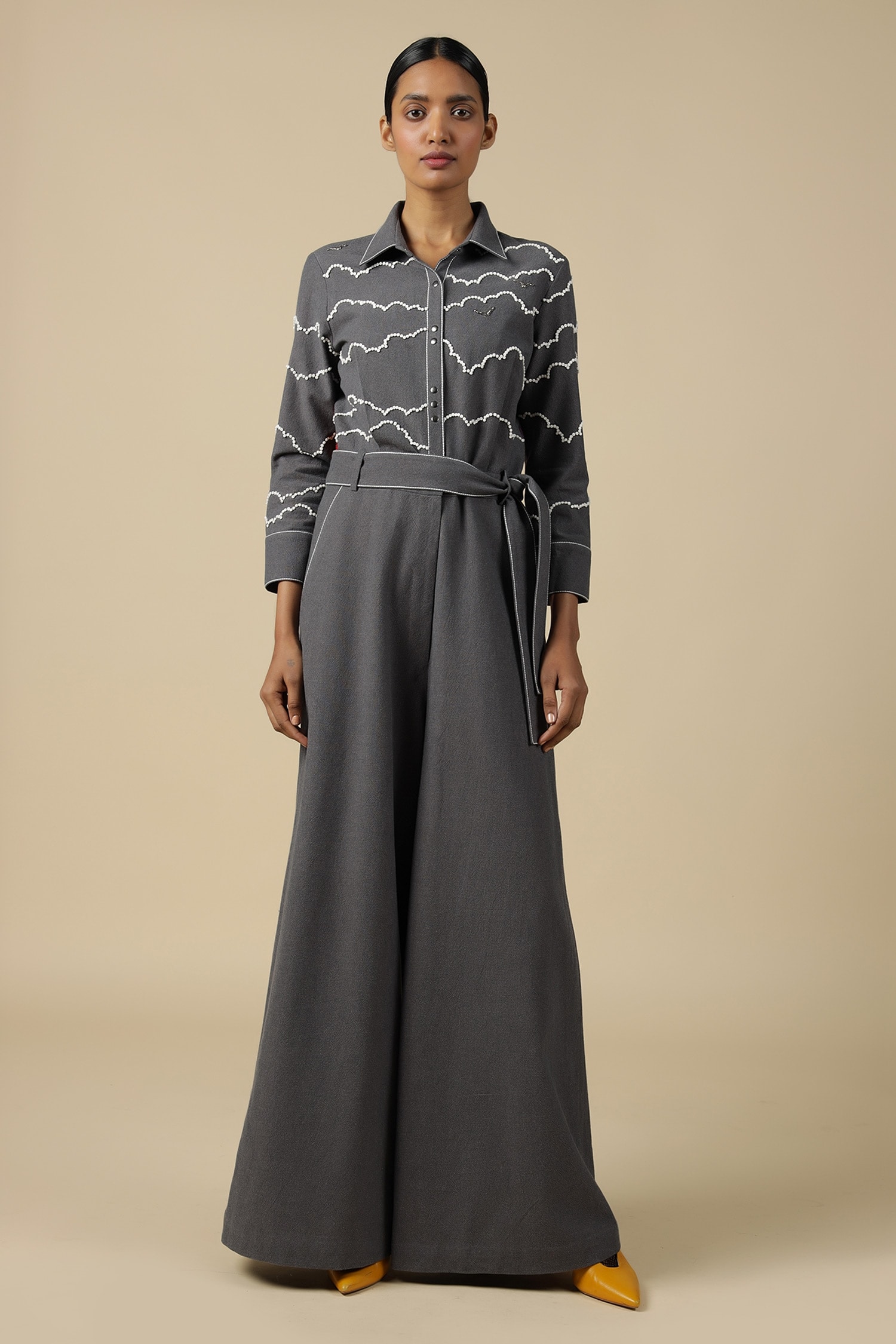 Buy Grey Melange Embroidered Clouds And Rainbow Pattern Jumpsuit With Belt For Women by Shahin ...