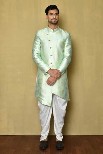 Buy Green Fancy Jaquard Woven Floral Asymmetric Sherwani And Patiala ...