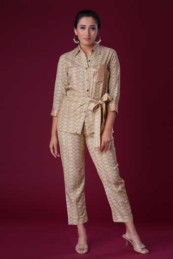 Buy Amani Yellow Muslin Silk Clover Pattern Front Knotted Shirt And ...