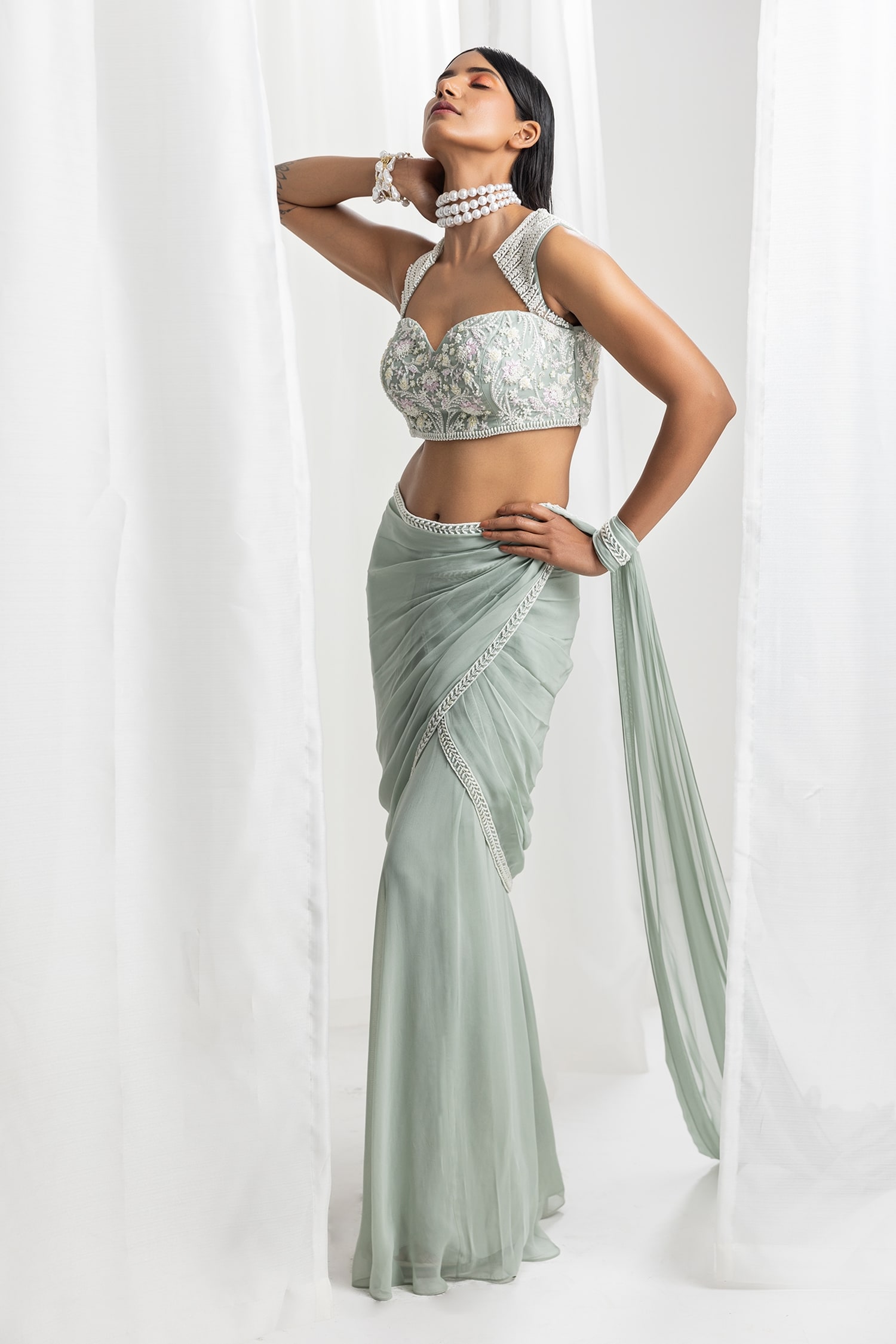 Buy Seema Thukral Green Choli- Georgette Pre-draped Saree With Pearl ...