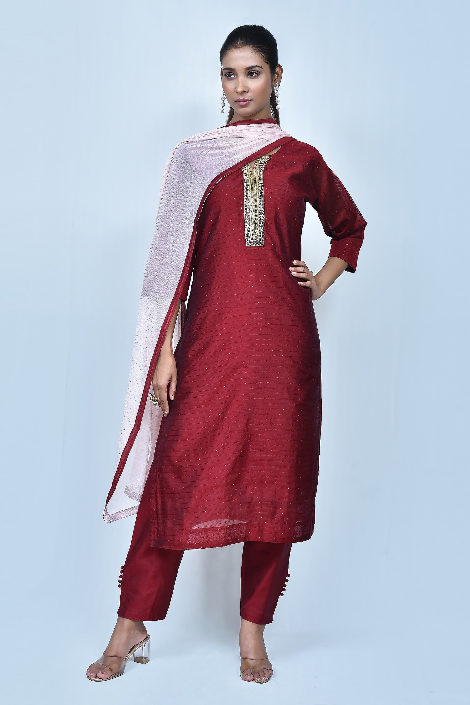 Buy Khwaab by Sanjana Lakhani Maroon Chanderi Silk Mirror And Thread ...