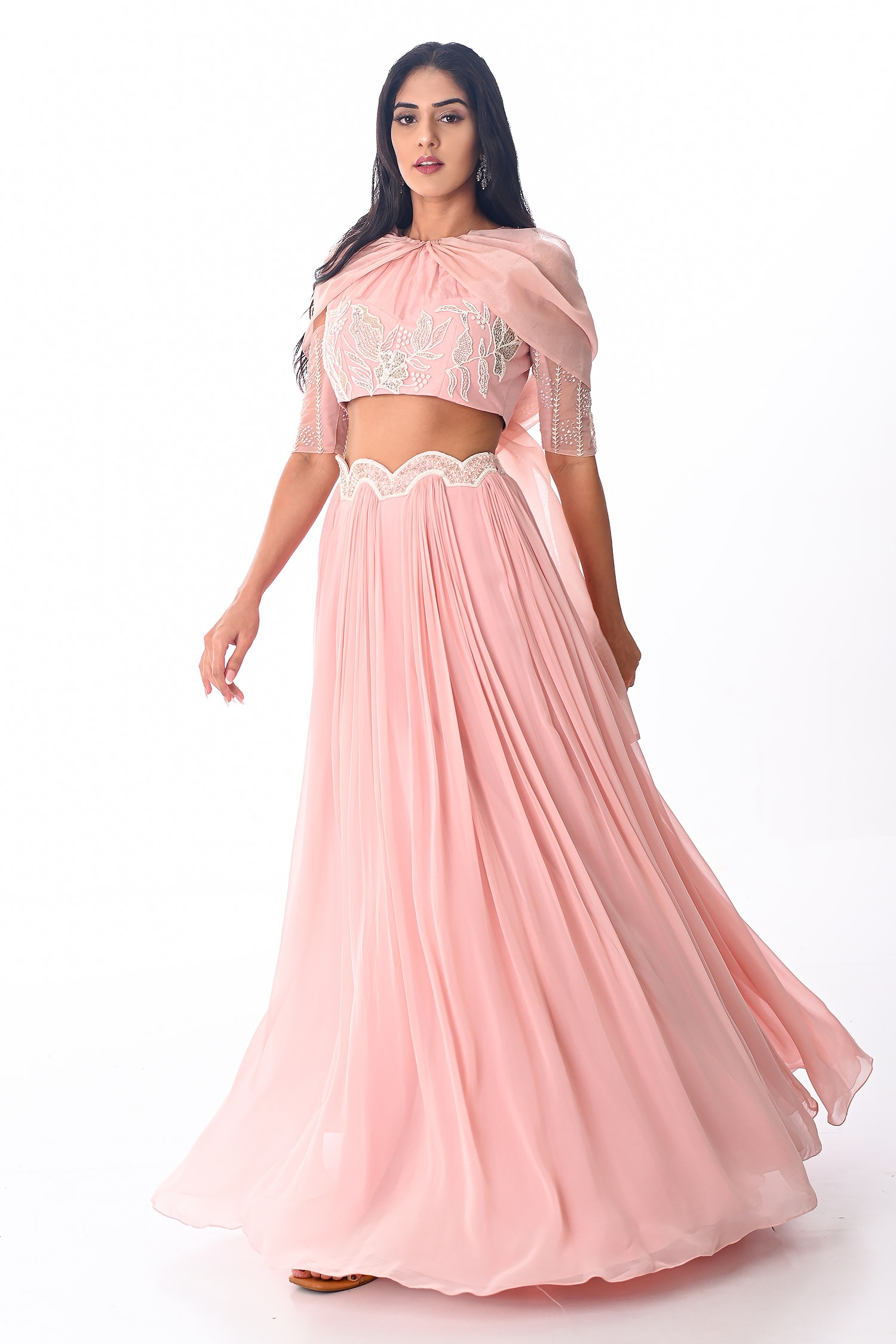 Buy Pink Organza Hand Embroidered Thread Round Crop Top And Lehenga Set ...