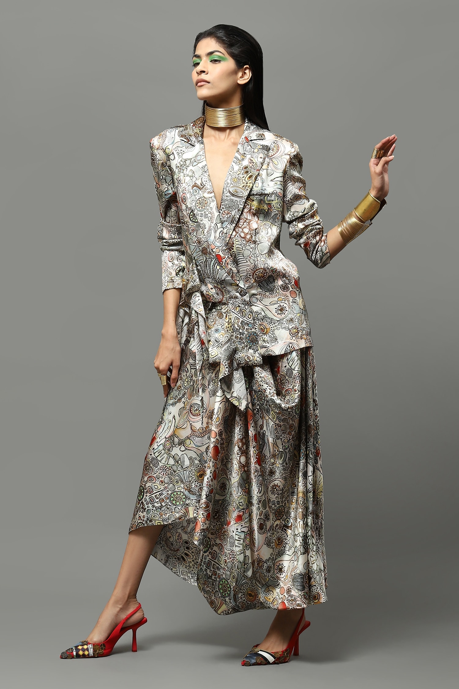 Buy Multi Color Satin Printed Abstract Deconstructed Blazer And Skirt ...
